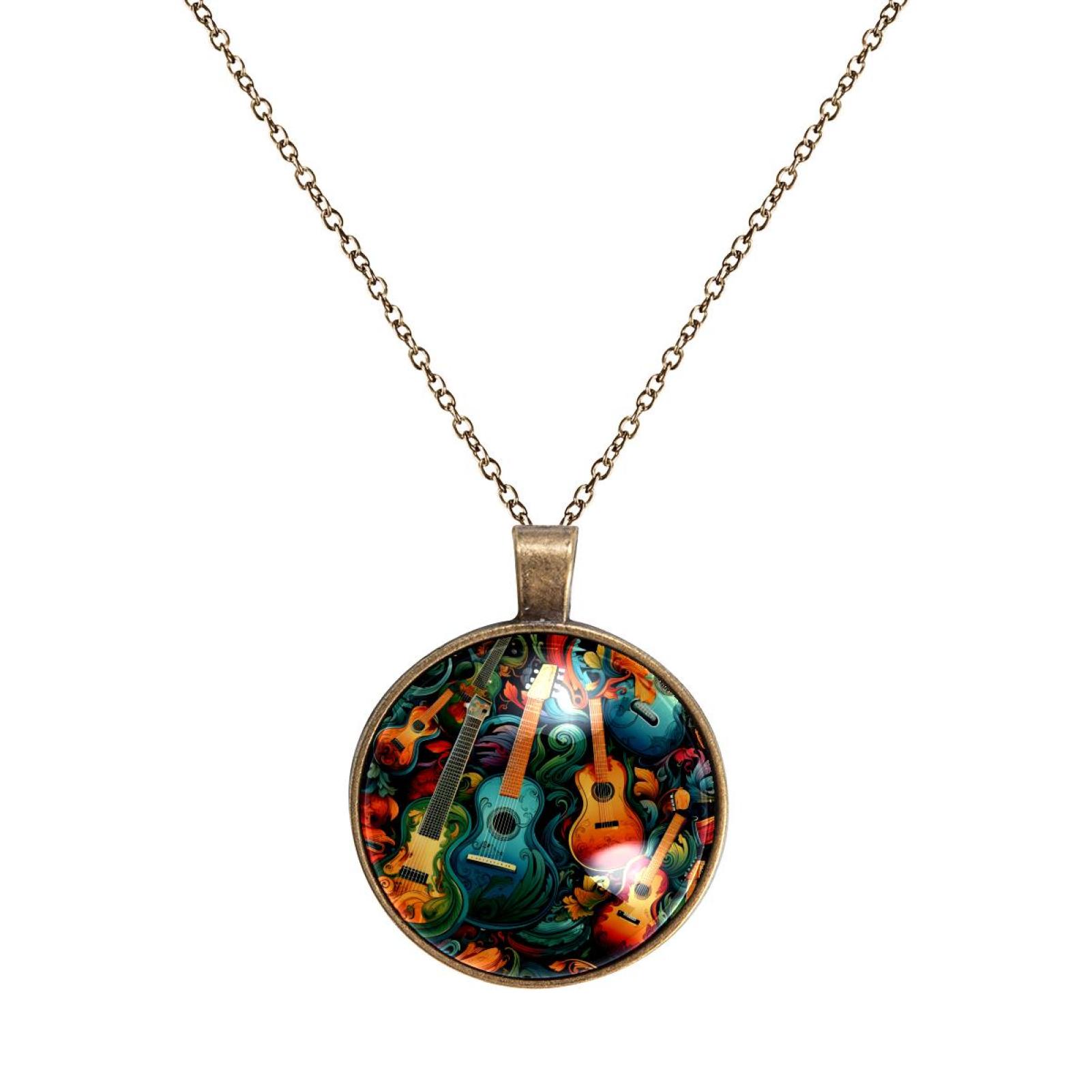 OWNMEMORY Musical Instrument Pattern Women's Glass Circular Pendant ...