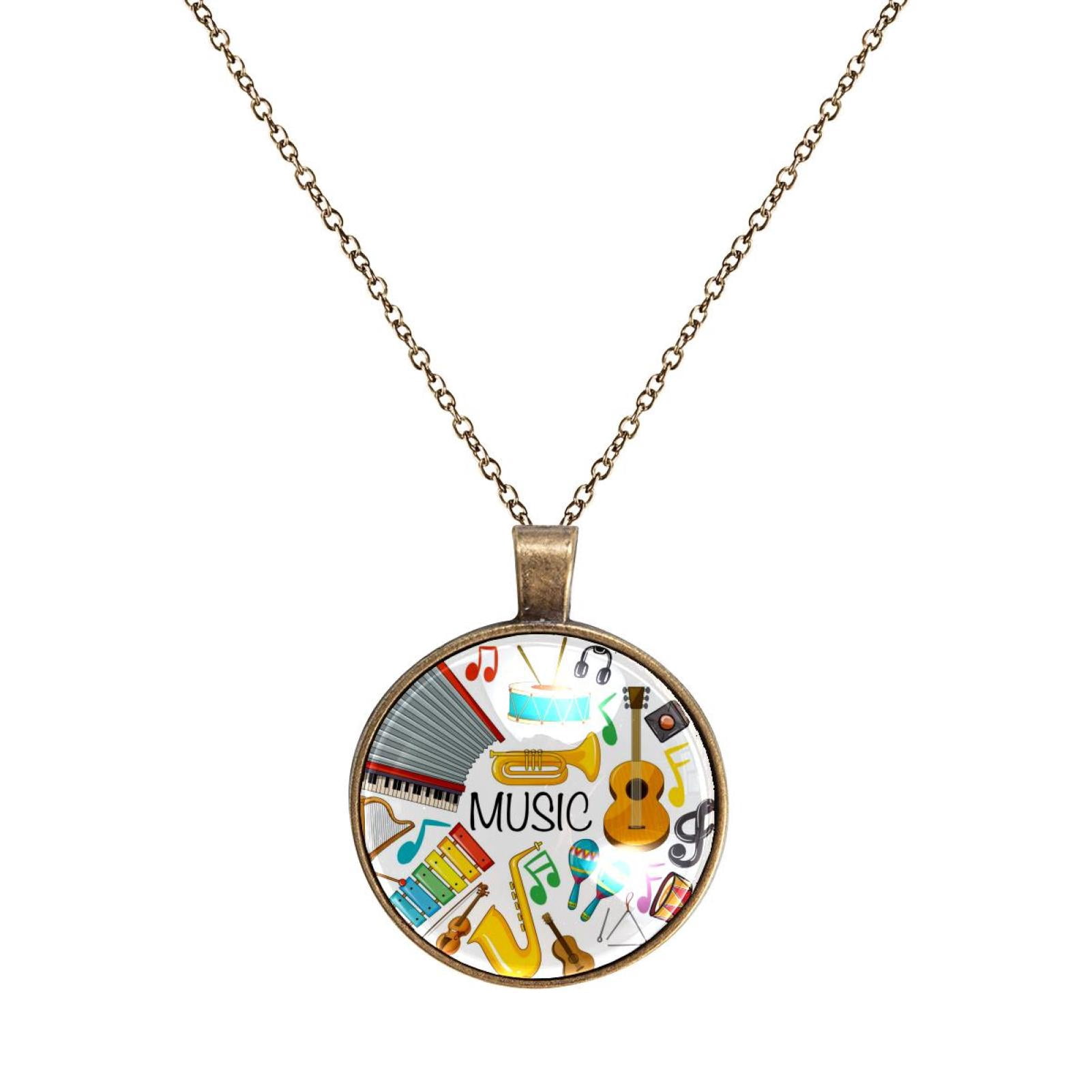OWNMEMORY Musical Instruments Pattern Gorgeous Glass Circular Pendant ...