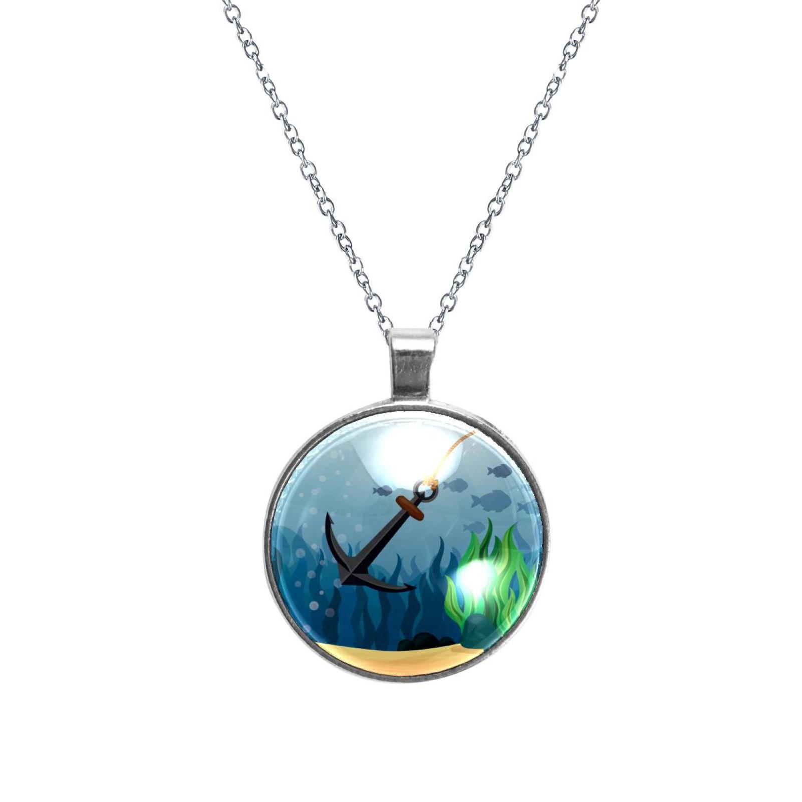 OWNMEMORY Ocean Nautical Anchor Pattern Stunning Glass Circular Pendant ...