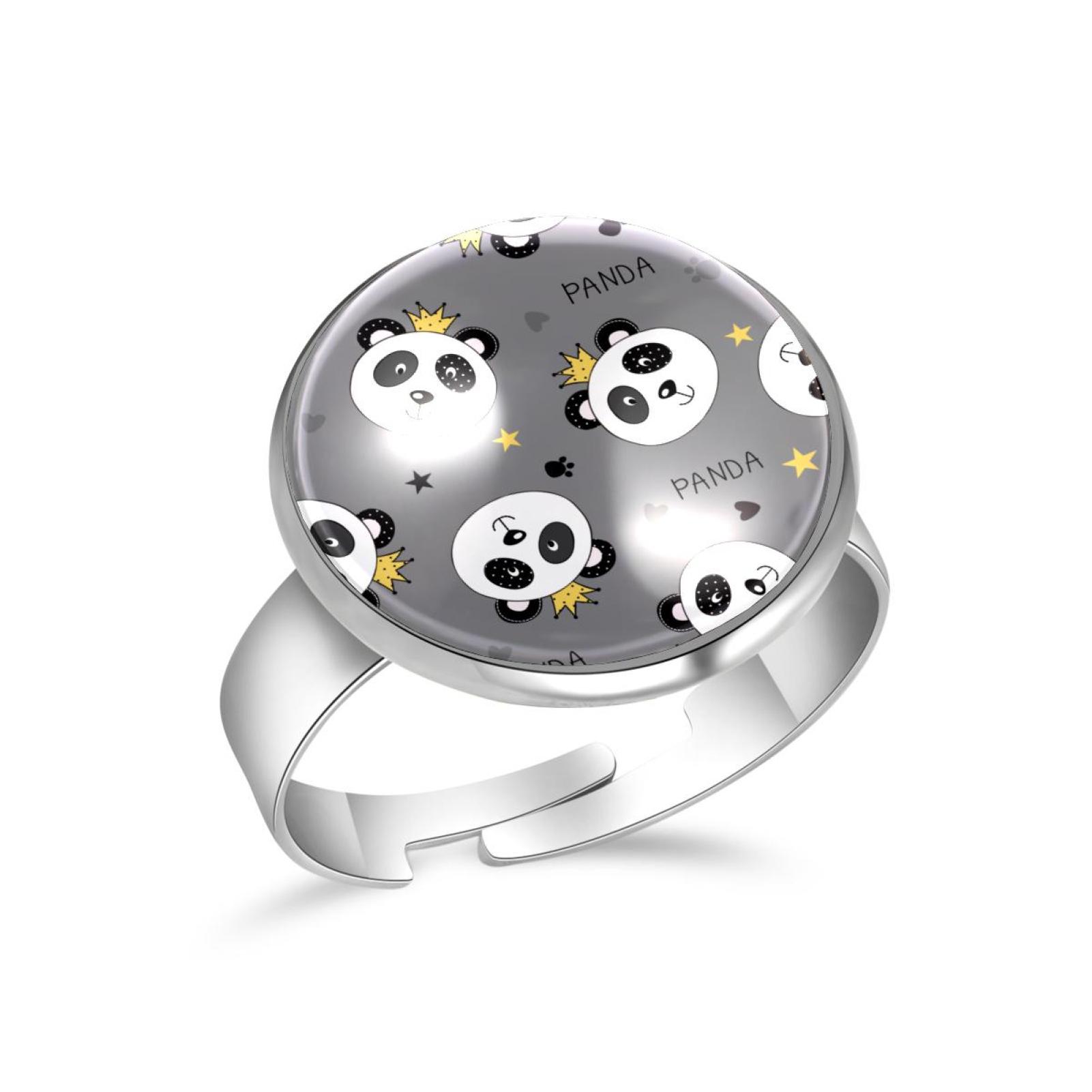 OWNMEMORY Panda Grey Pattern Stainless Steel Adjustable Statement Ring with Unique Pattern ...