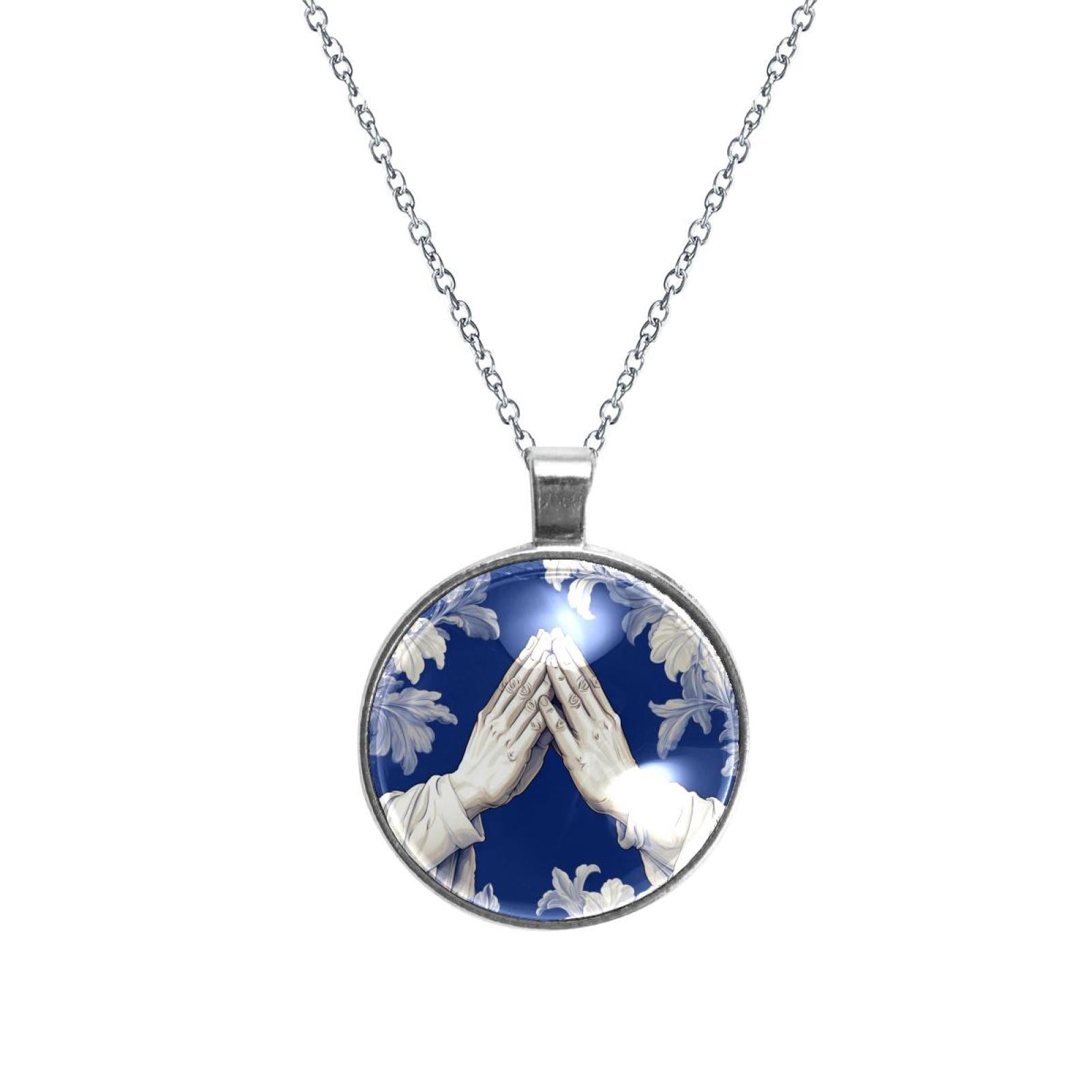 OWNMEMORY Praying Hands Pattern Stunning Circular Glass Pendant ...
