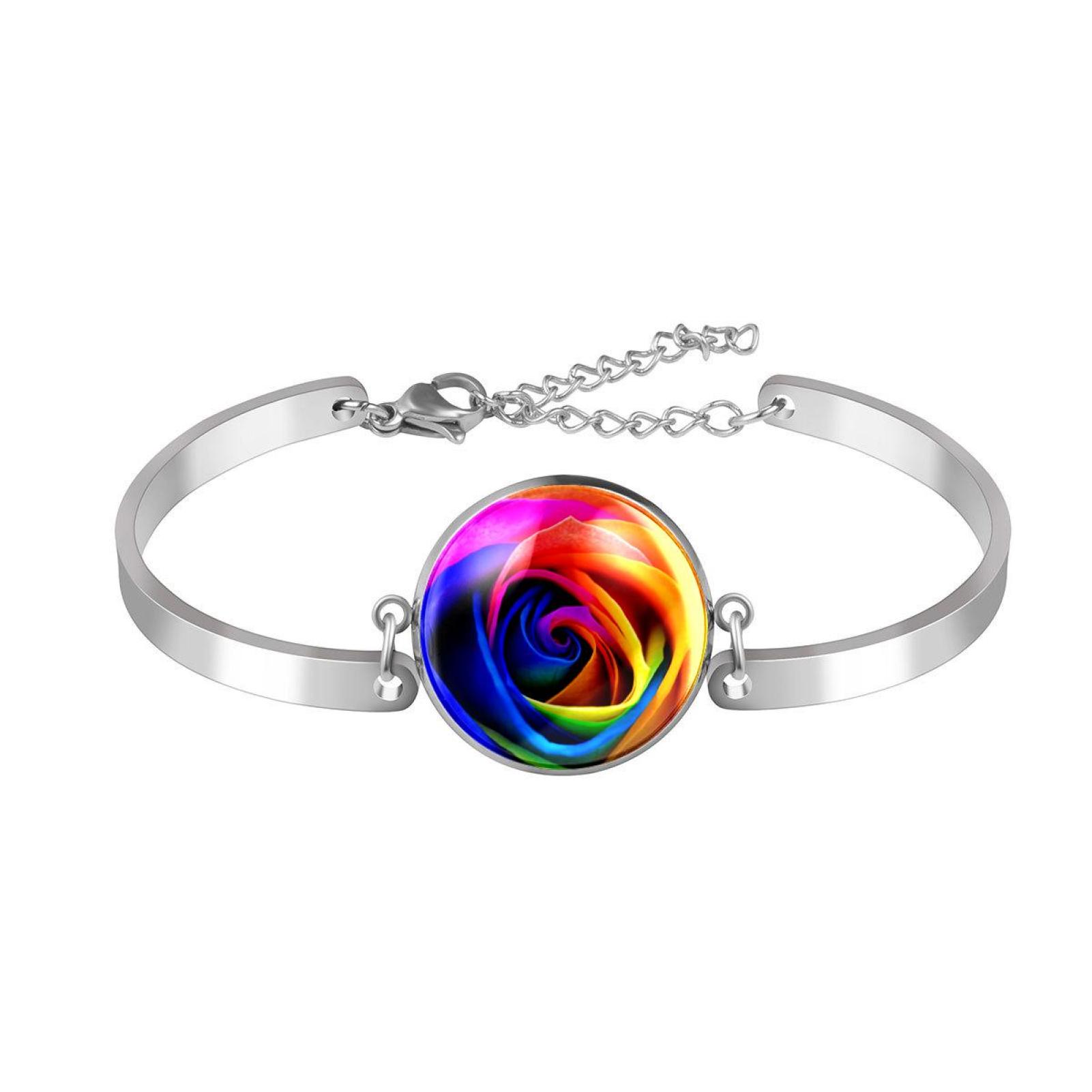 OWNMEMORY Rainbow Flower Rose Pattern, Pattern Adjustable Stainless Steel Bracelet with Unique ...