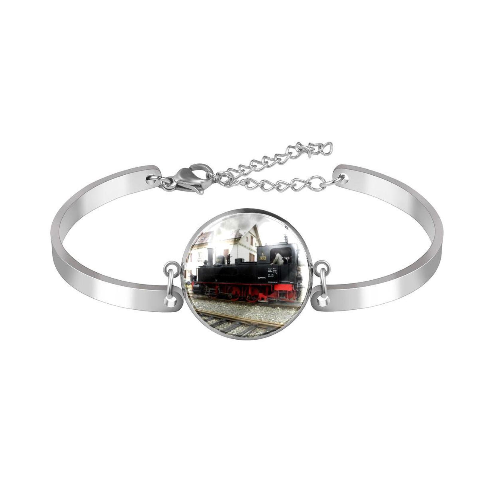 OWNMEMORY Retro Train Railway Pattern Adjustable Stainless Steel Bracelet with Unique Patterns ...