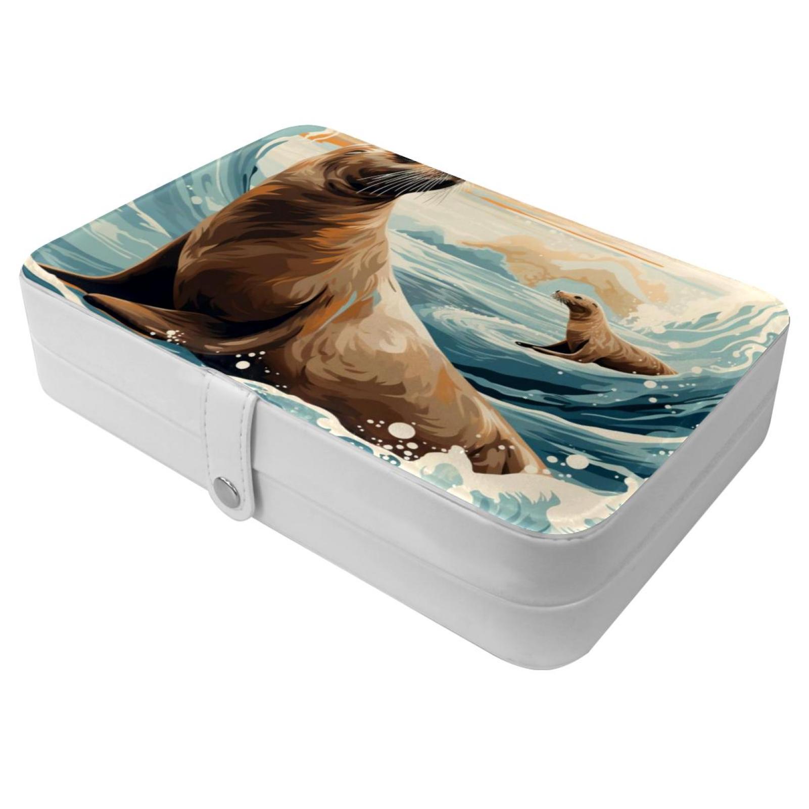 OWNMEMORY Sea Lion Pattern Portable PU Leather Necklace Organizer with ...