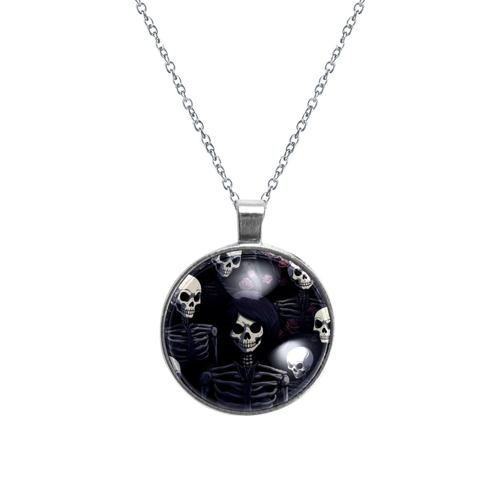 OWNMEMORY Skeleton Pattern Stunning Circular Glass Pendant Necklace ...