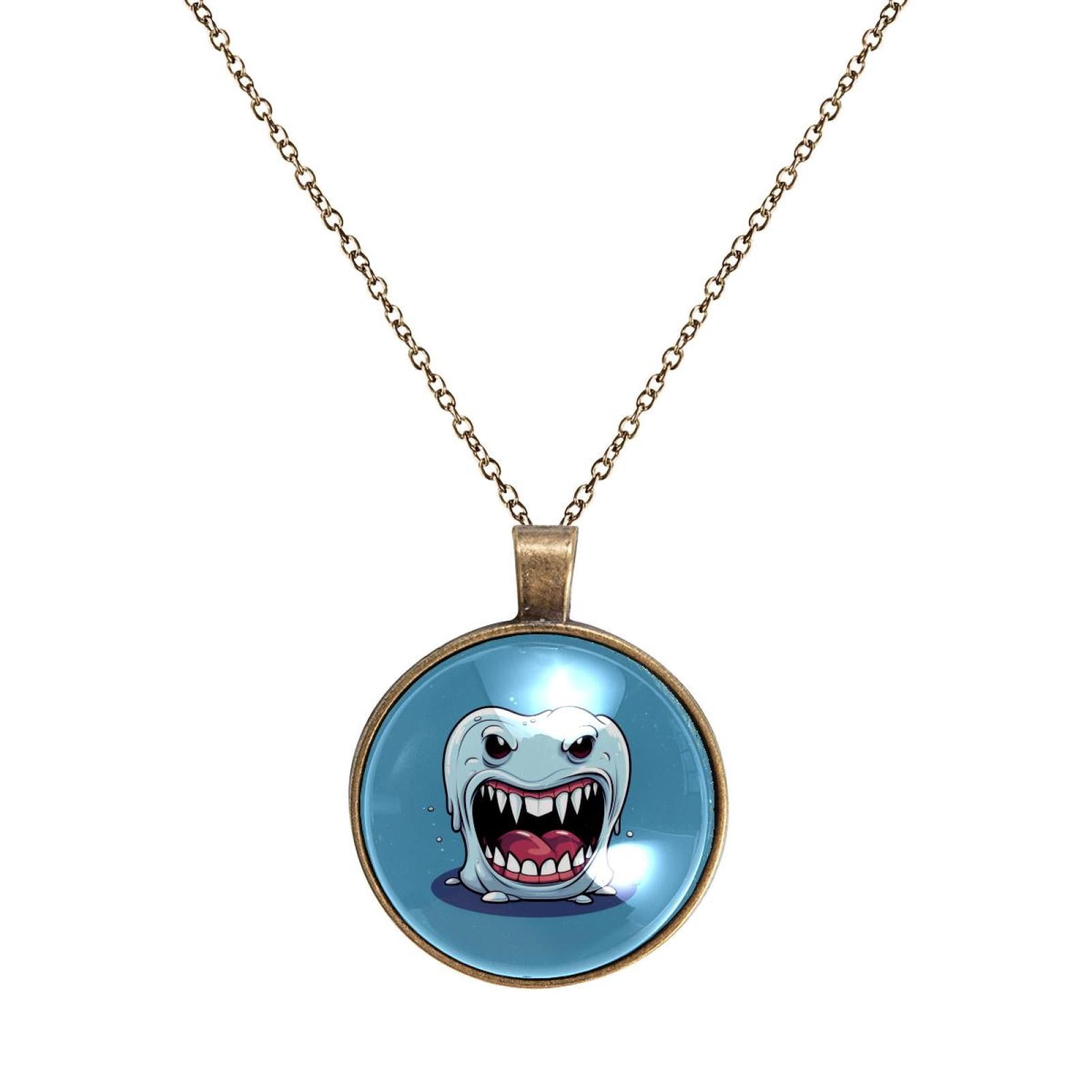 OWNMEMORY Small Teeth Pattern Gorgeous Glass Circular Pendant Necklace ...