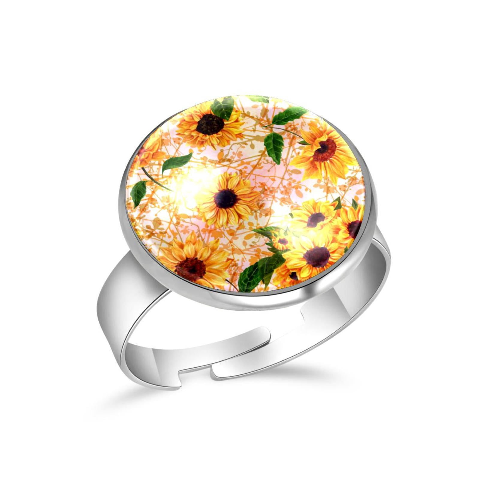 OWNMEMORY Sunflowers Pattern Stainless Steel Adjustable Statement Ring ...