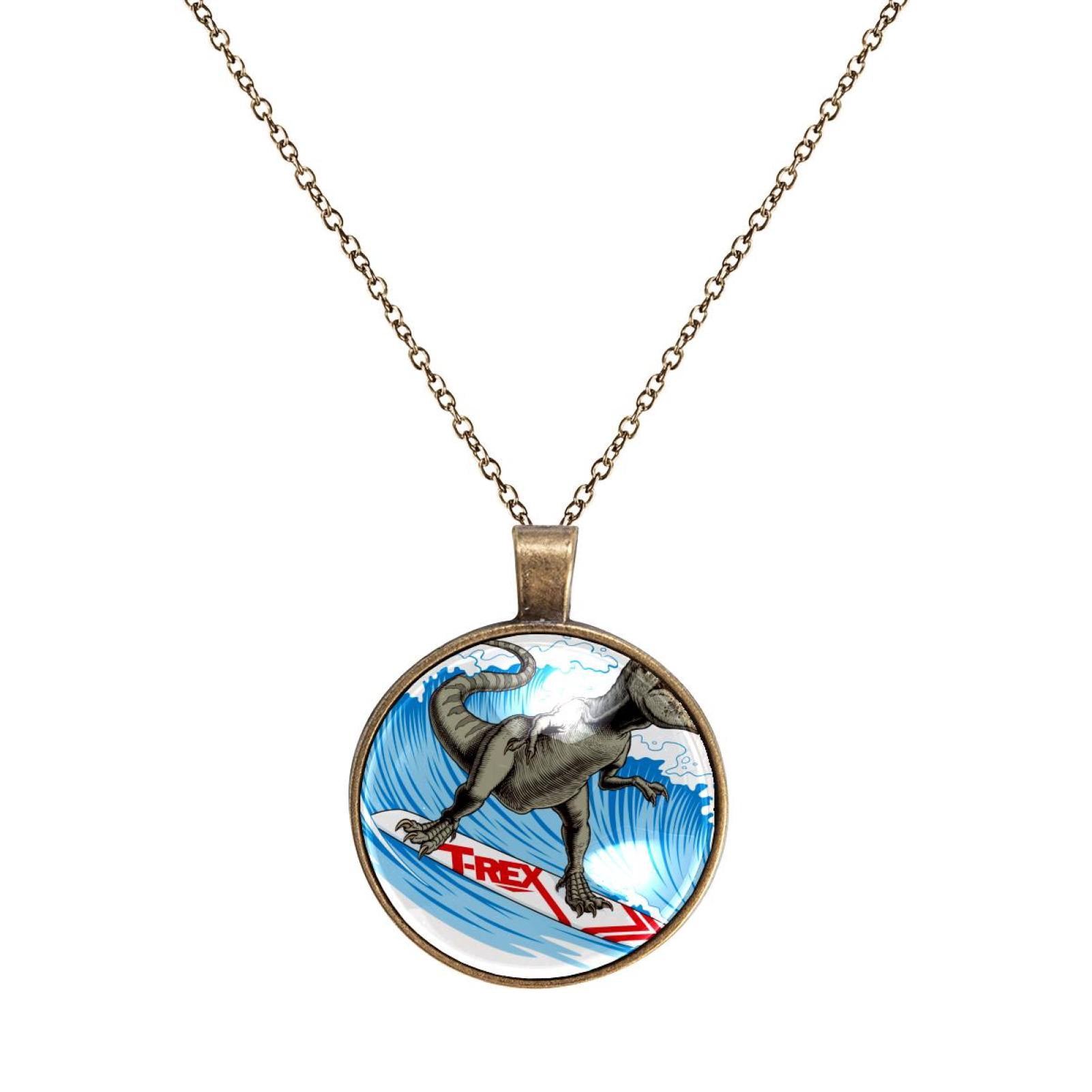 OWNMEMORY T-REX Dinosaur Surfing Pattern Women's Glass Circular Pendant ...