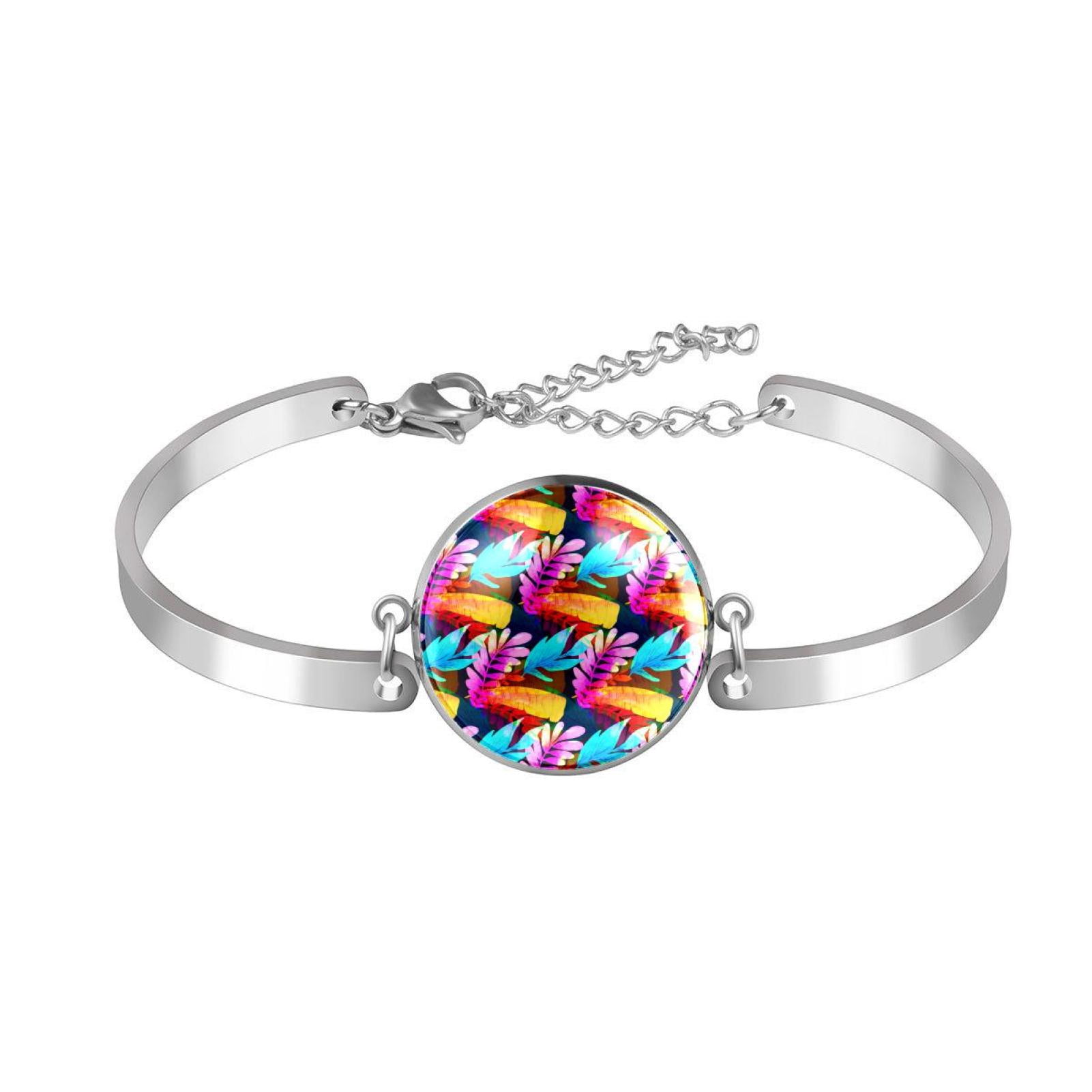 OWNMEMORY Tropical Leaf Pattern Adjustable Stainless Steel Bracelet ...