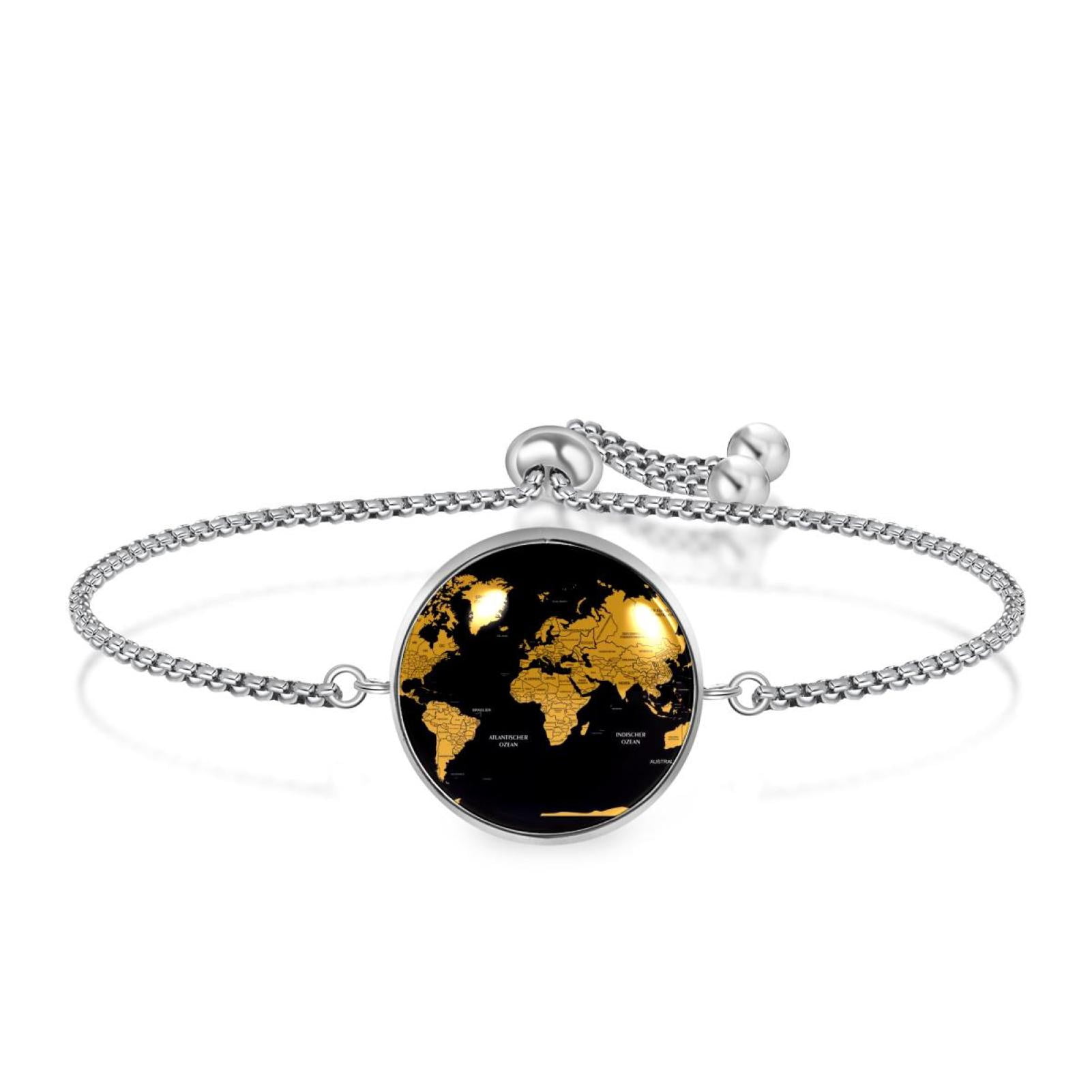 OWNMEMORY World Map Black Pattern Adjustable Stainless Steel Bracelets ...