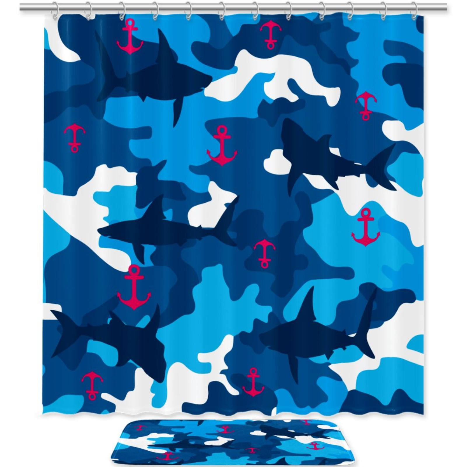 Ownni Anchor Camouflage Ocean Shark Pattern Pongee Shower Curtain Set