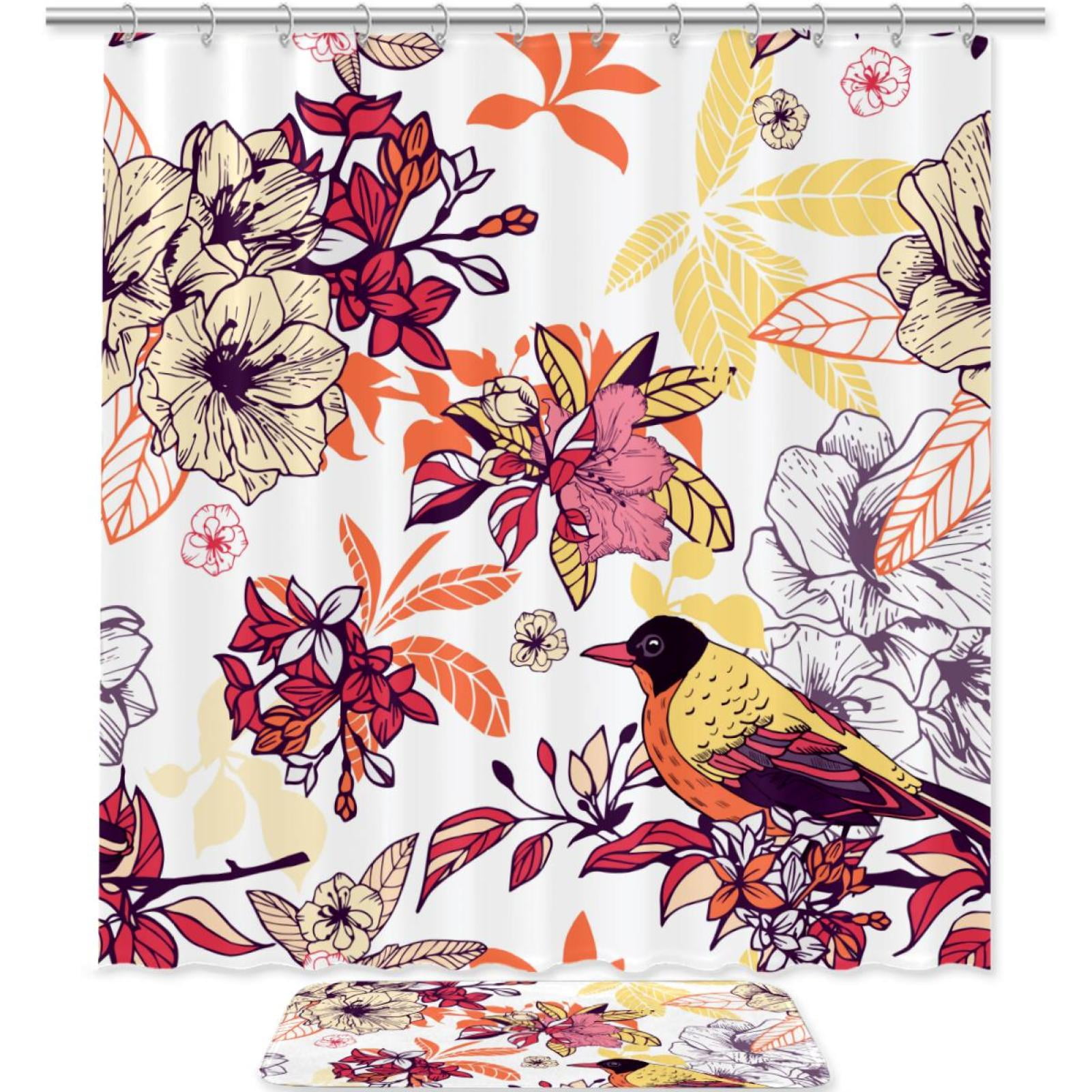 Ownni Bird Floral Pattern Pongee Shower Curtain Set With Polyester
