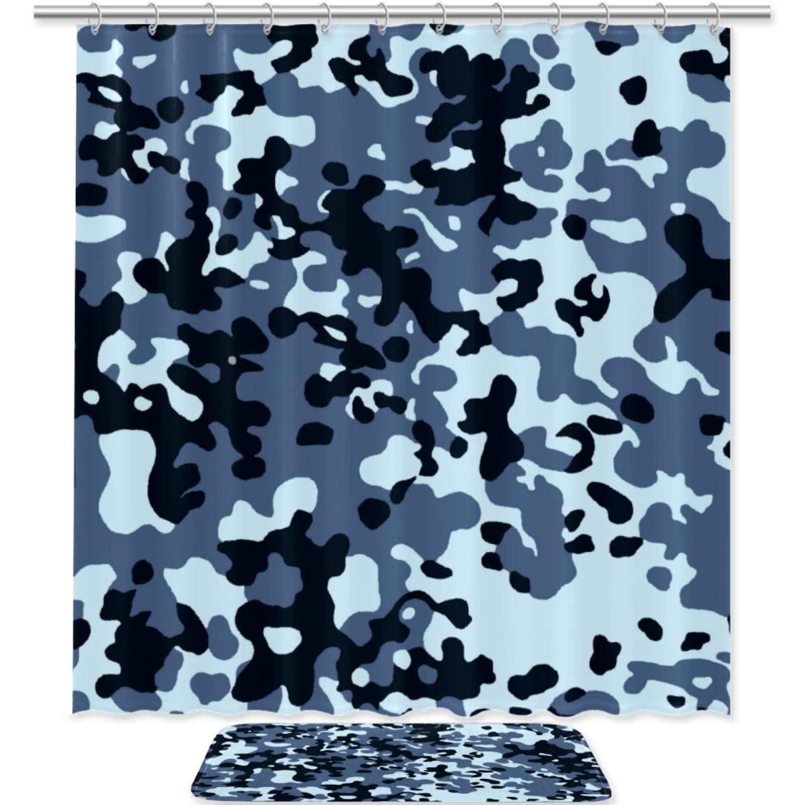 Ownni Blue Black Military Camouflage Pattern Pongee Shower Curtain Set