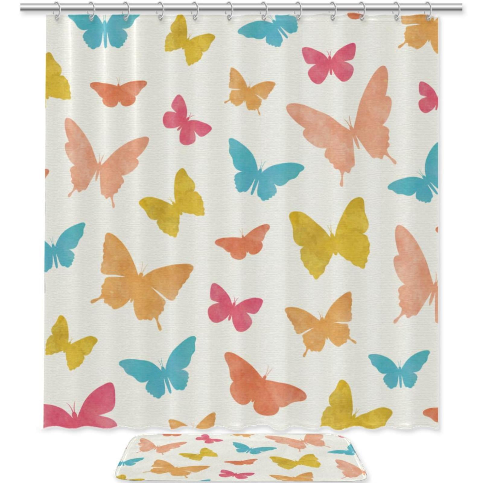 Ownni Butterflies Yellow Blue Orange Pattern Pongee Shower Curtain Set