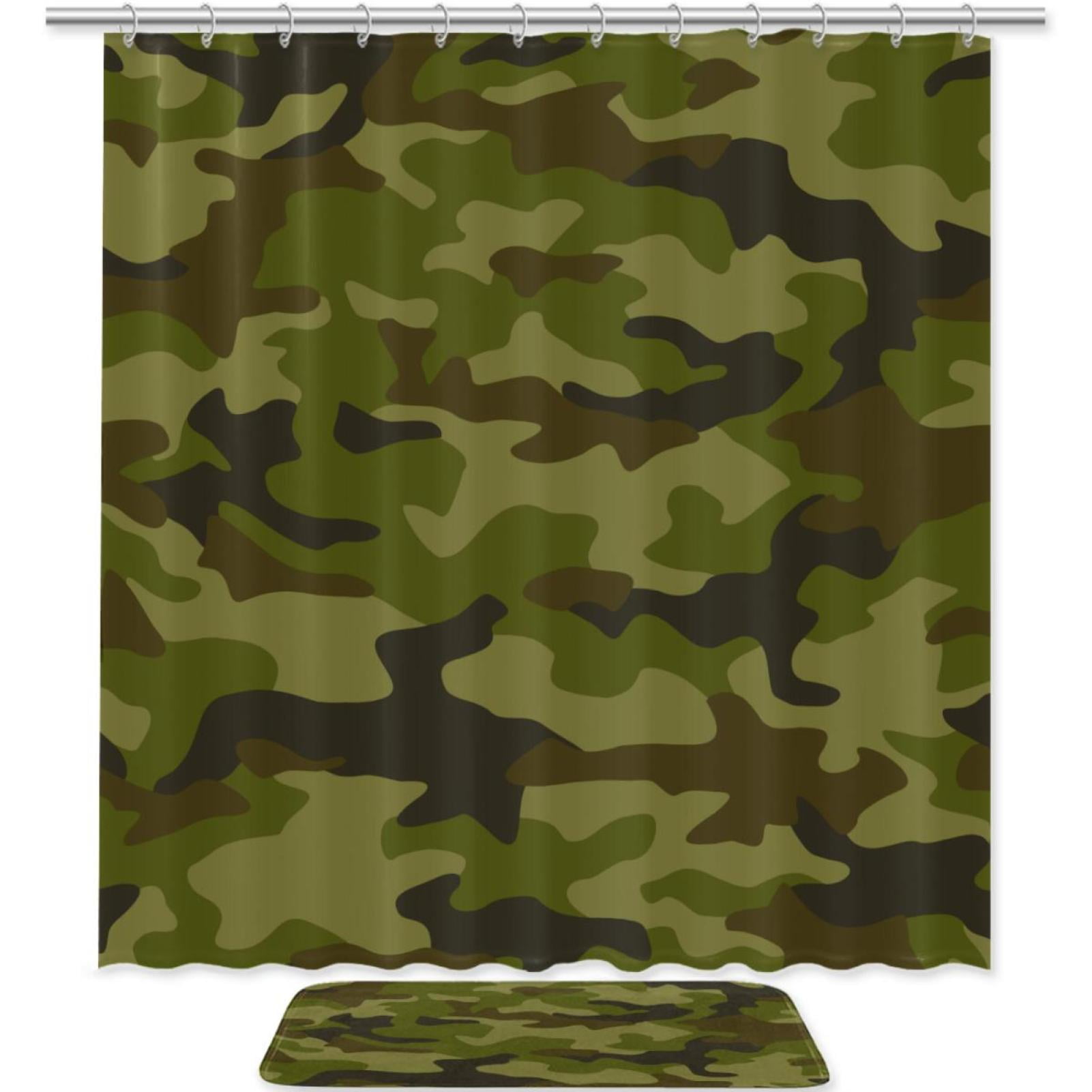 Ownni Camouflage Green Pattern Pongee Shower Curtain Set With Polyester