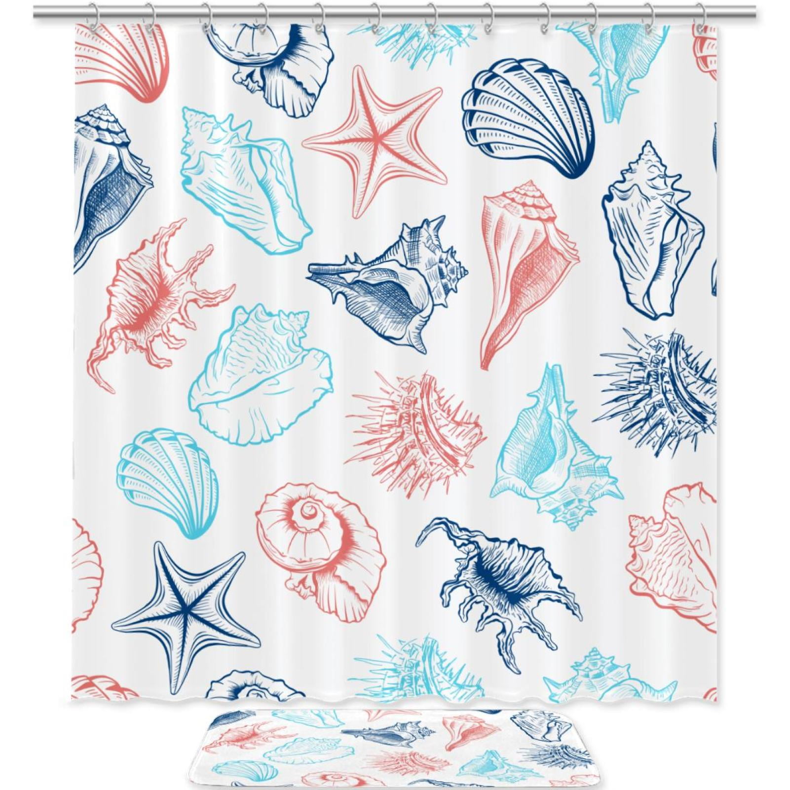 Ownni Colorful Hand Drawn Shell Pattern Pongee Shower Curtain Set With