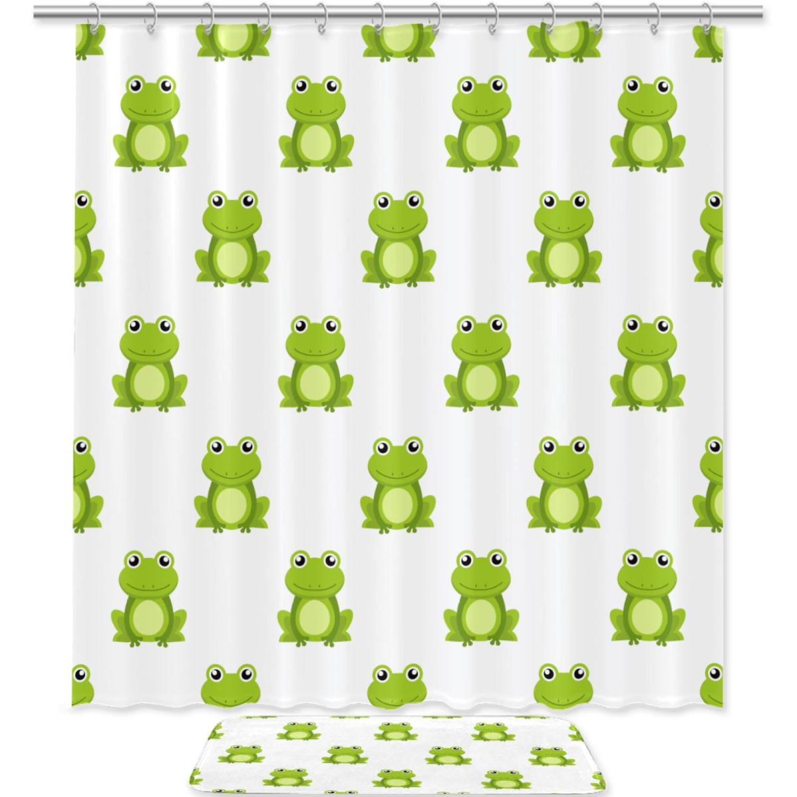 Ownni Cute Cartoon Green Frogs Pattern Pongee Shower Curtain Set With