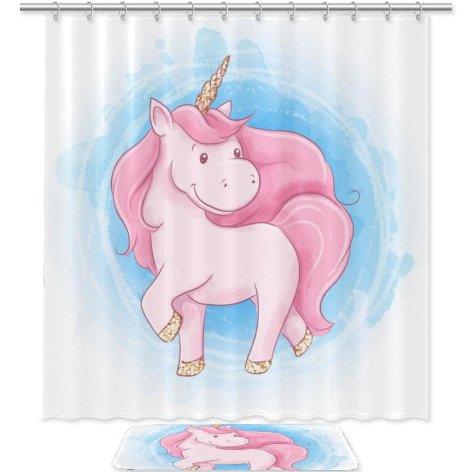 Ownni Cute Cartoon Unicorn Background Pattern Pongee Shower Curtain Set
