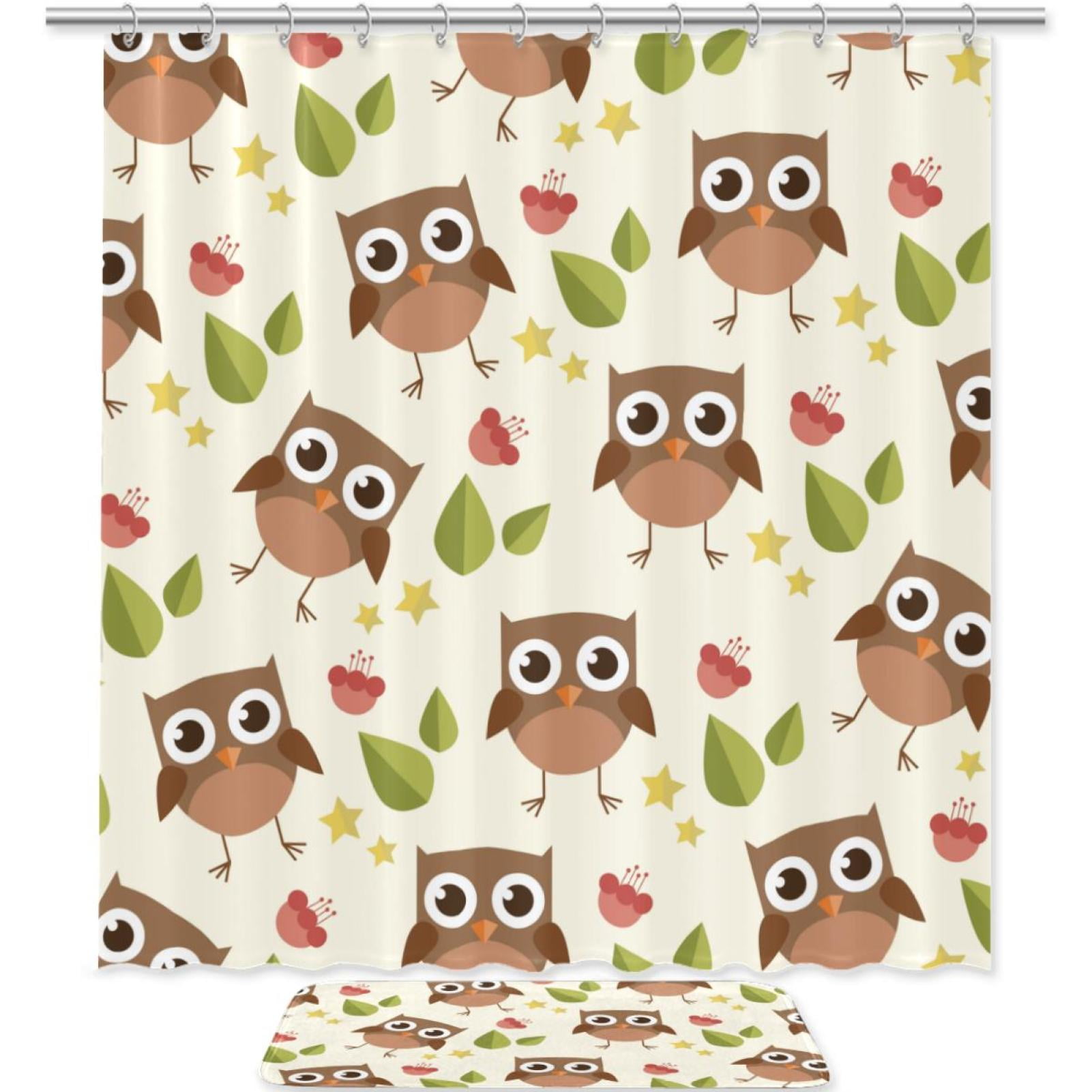 Ownni Cute Owls Pattern Pongee Shower Curtain Set With Polyester Floor