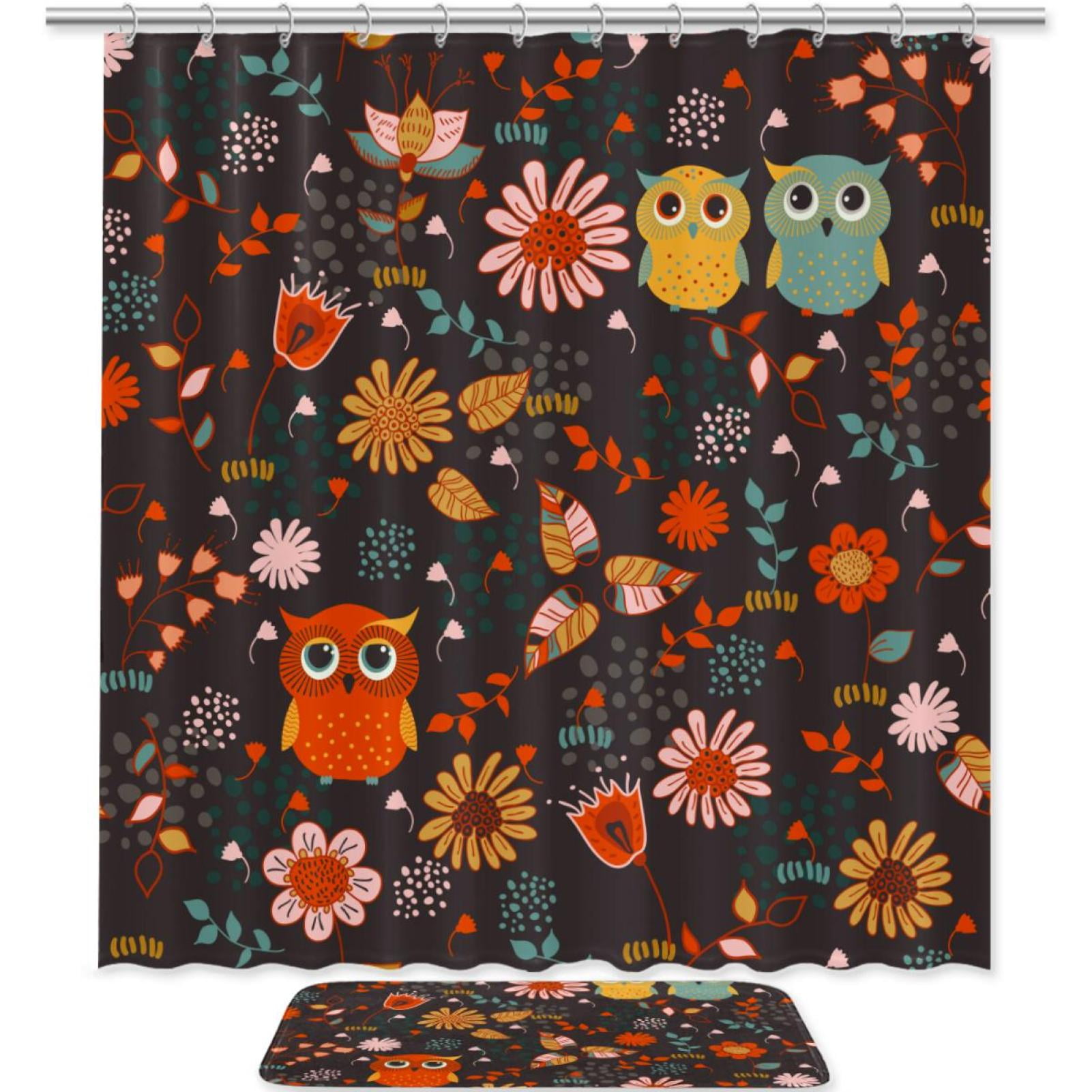 Ownni Cute Owls Sunflower Leaves Pattern Pongee Shower Curtain Set With