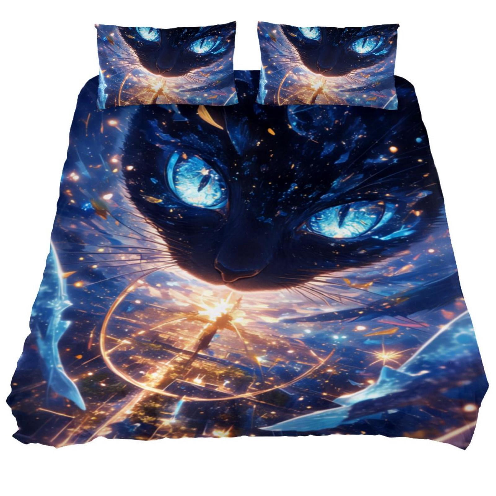 OWNNI Dreamy Cat Pattern Washed Tencel Bedroom 3 Piece Comforter Set ...