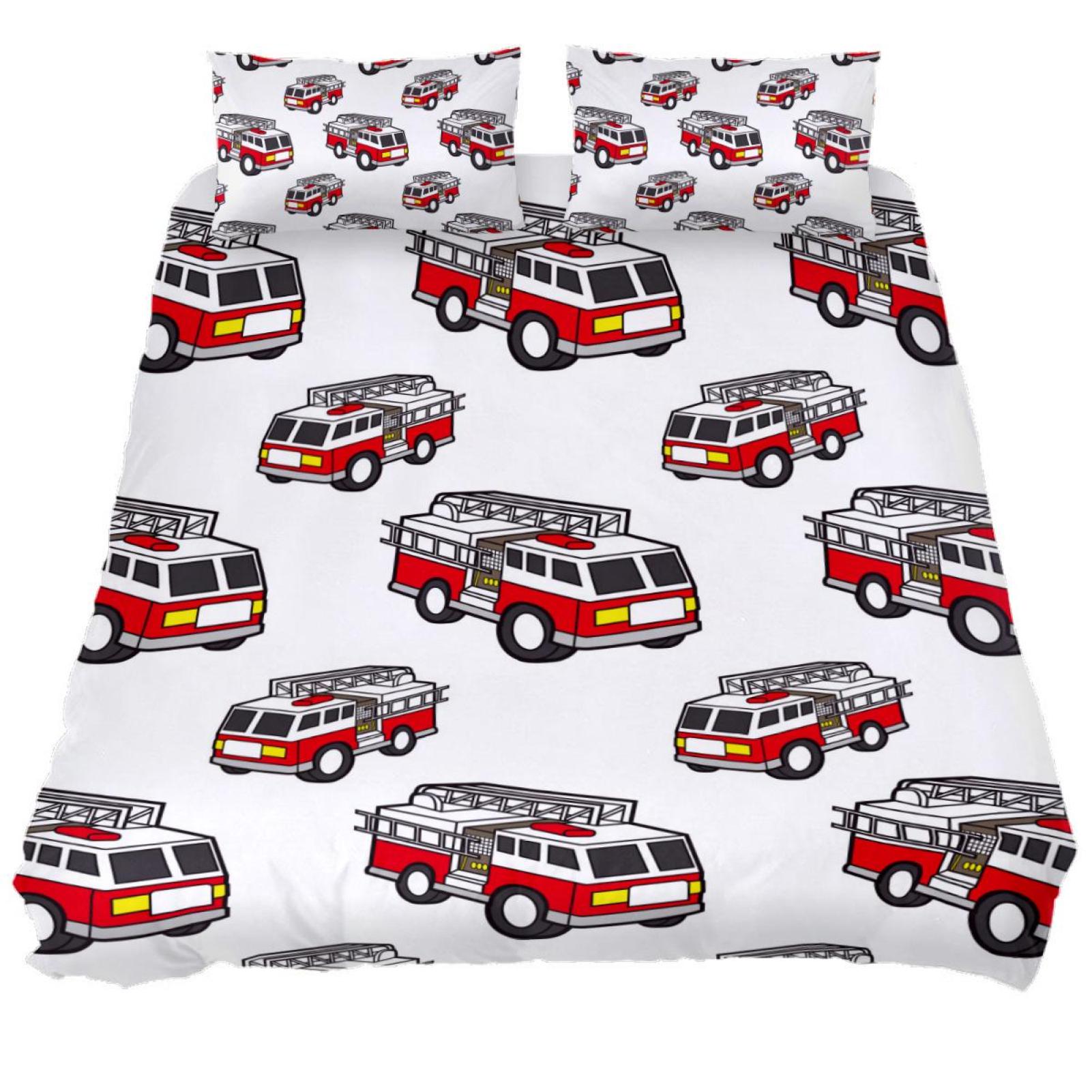 OWNNI Fire Truck Pattern Washed Tencel Bedroom 3 Piece Comforter Set ...
