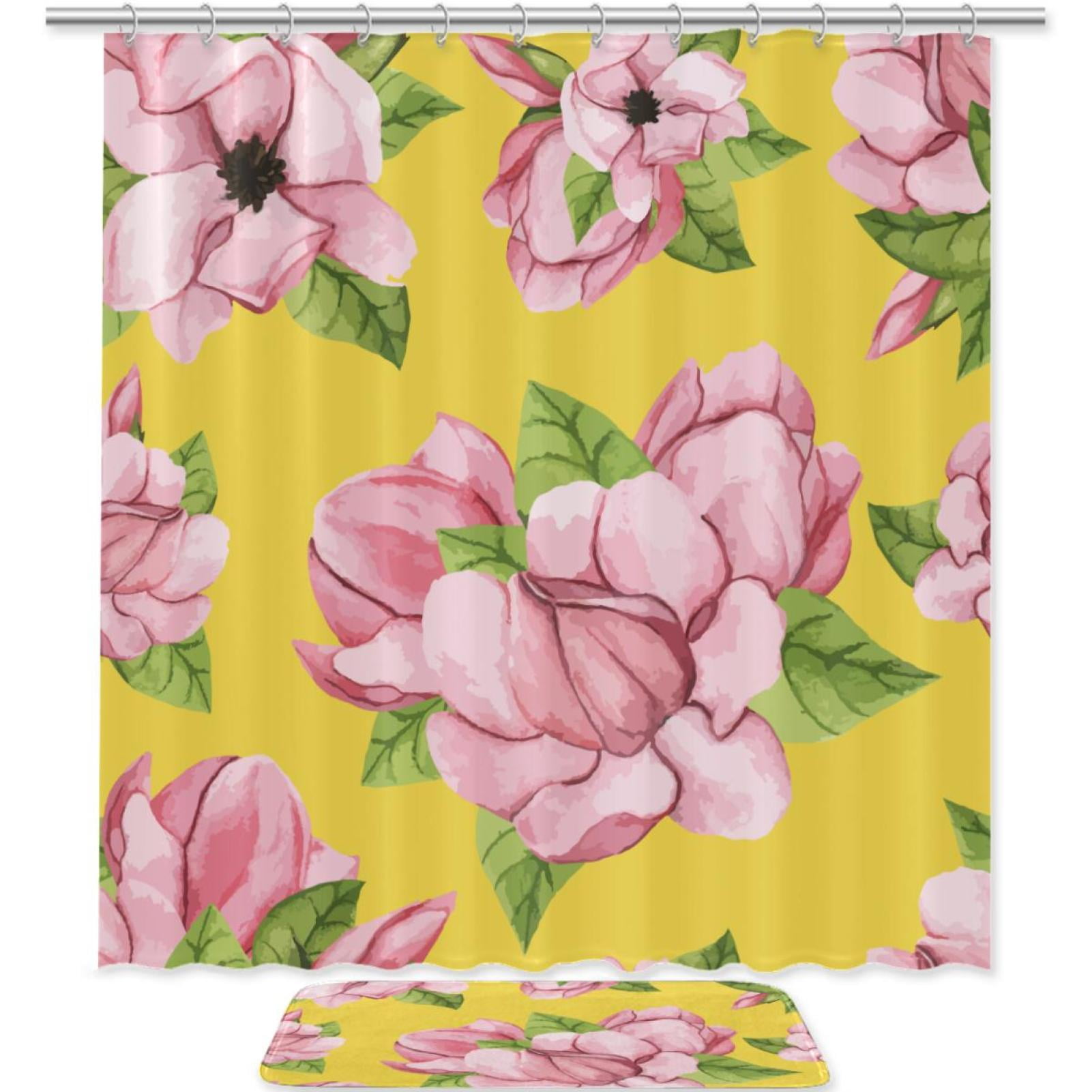 Ownni Hand Drawn Magnolia Flower Pattern Pongee Shower Curtain Set With