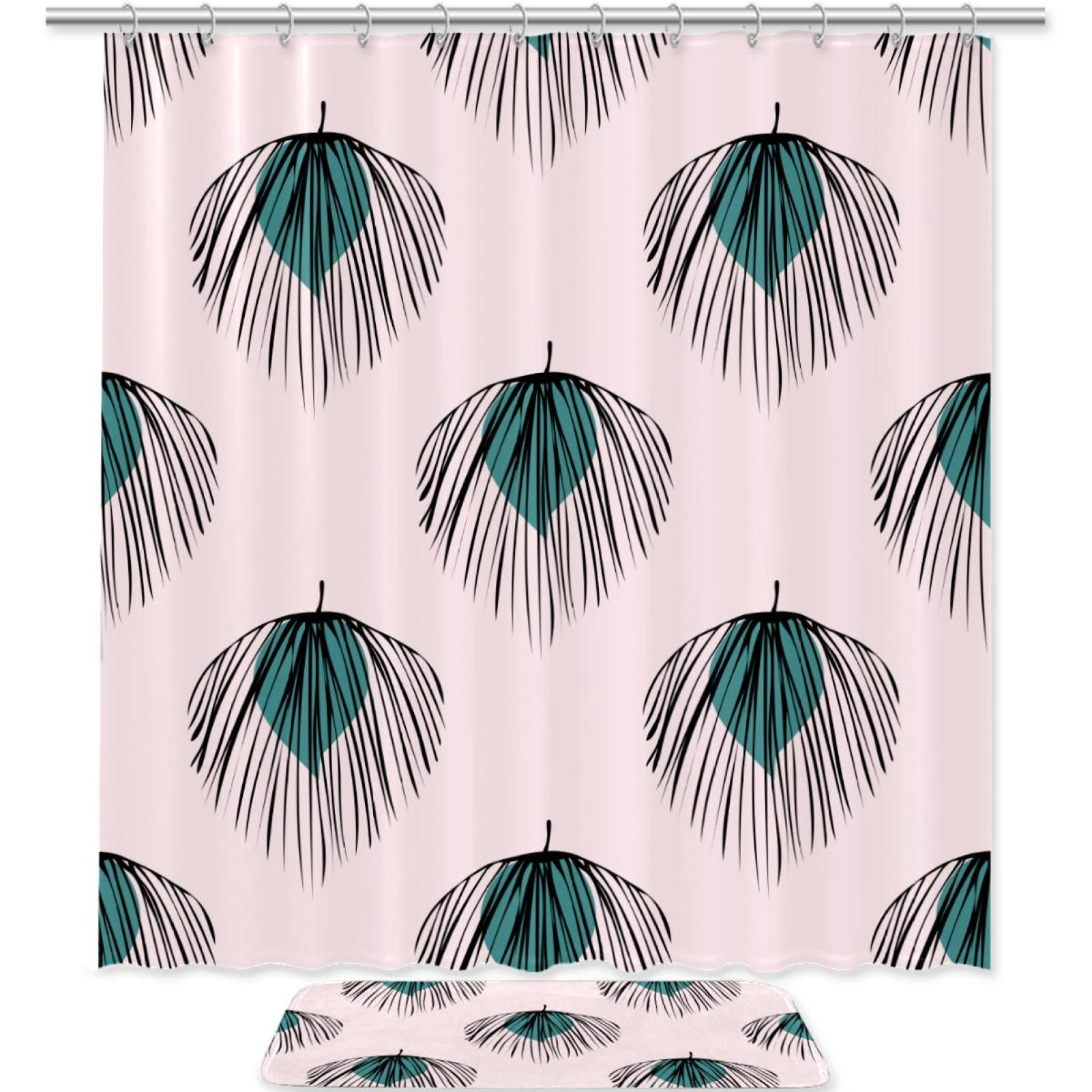 Ownni Hand Drawn Monstera Leaves Pattern Pongee Shower Curtain Set With