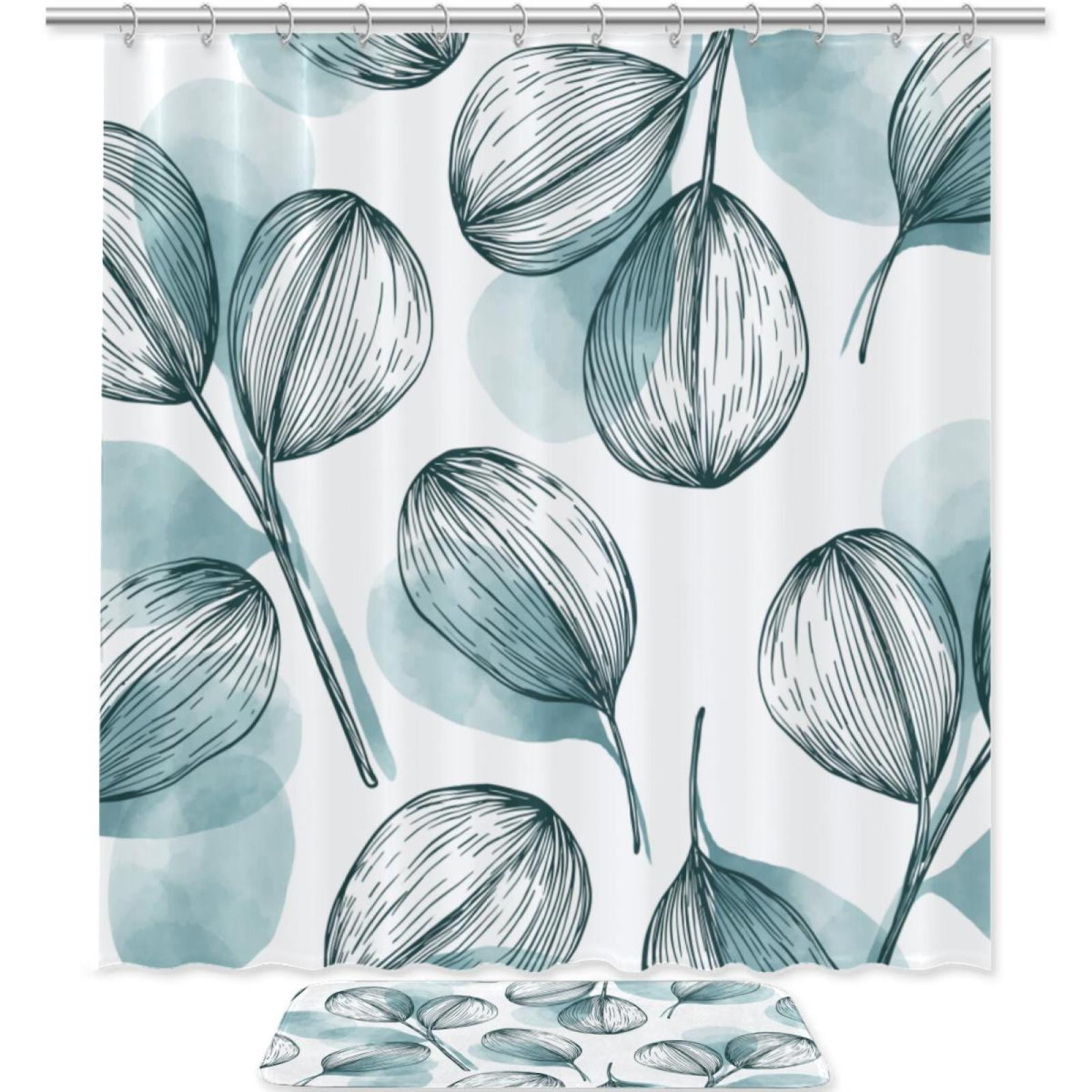 Ownni Hand Drawn Nature Leaves Pattern Pongee Shower Curtain Set With
