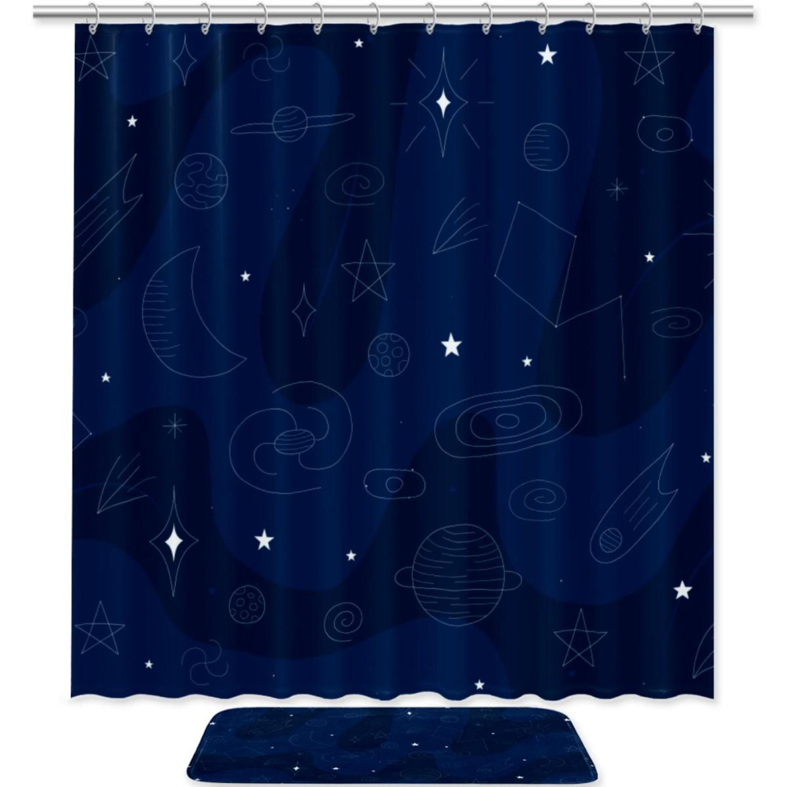 Ownni Hand Drawn Outer Spaces Pattern Pongee Shower Curtain Set With