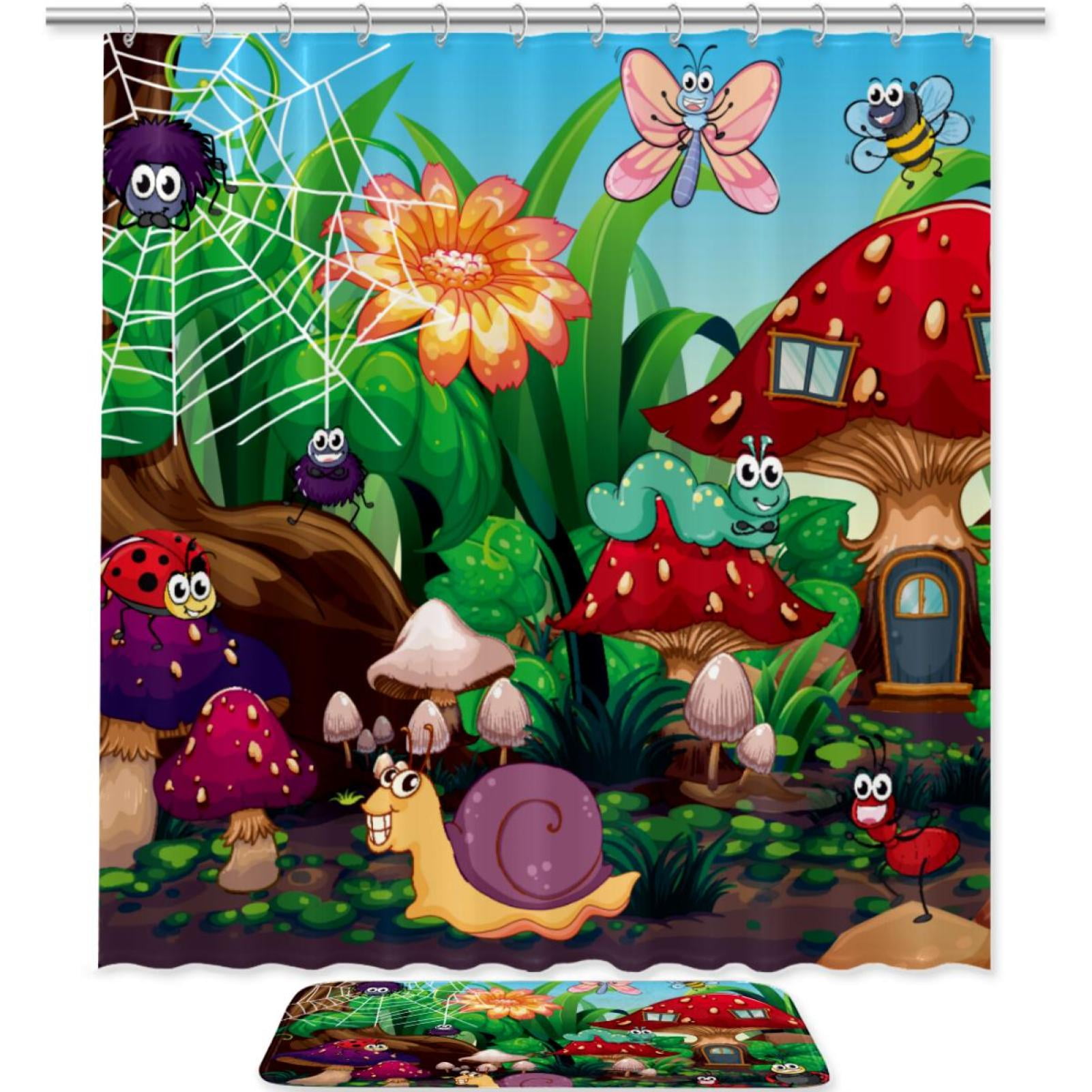Ownni Insects Pattern Pongee Shower Curtain Set With Polyester Floor