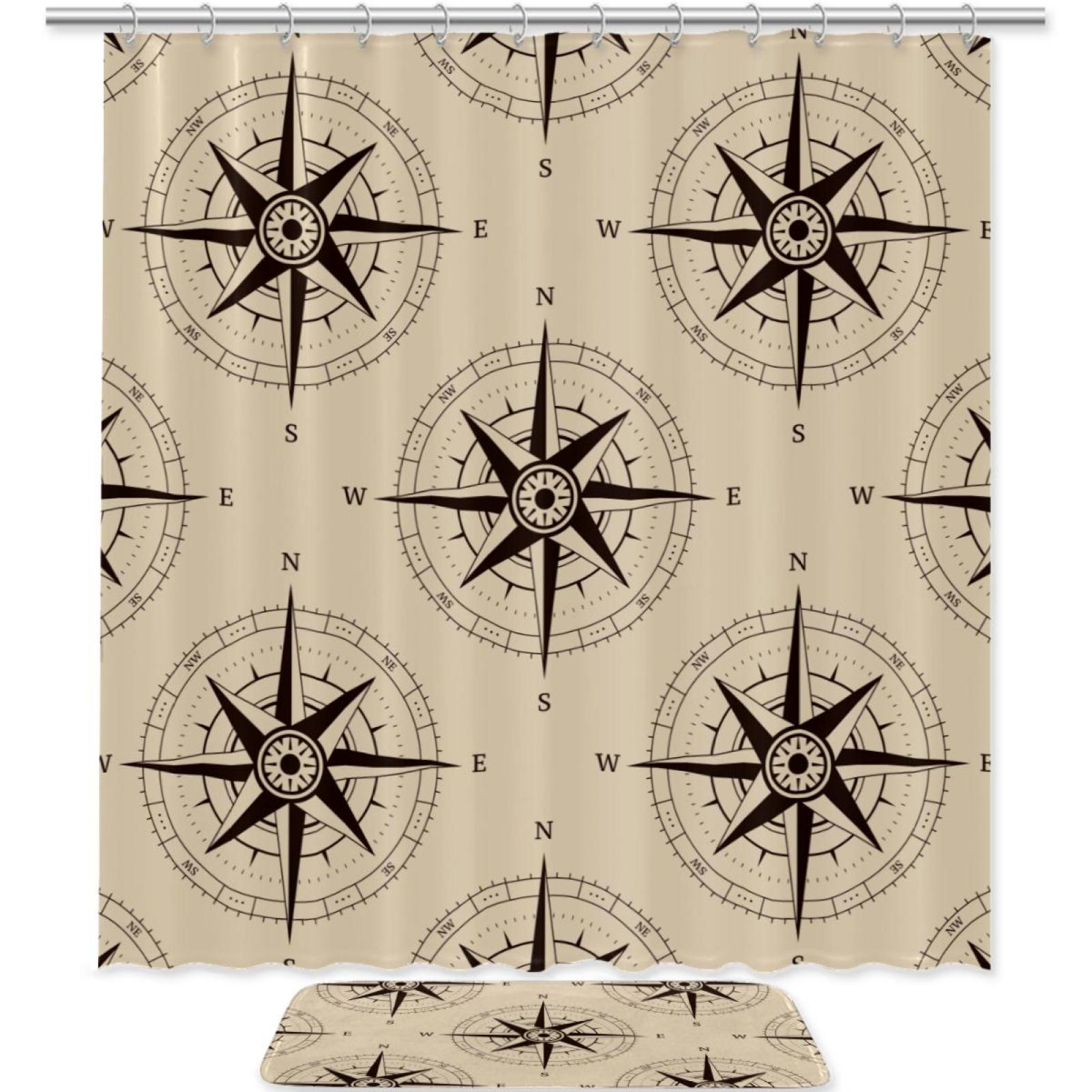 OWNNI Nautical Compass Pattern Pongee Shower Curtain Set with Polyester ...
