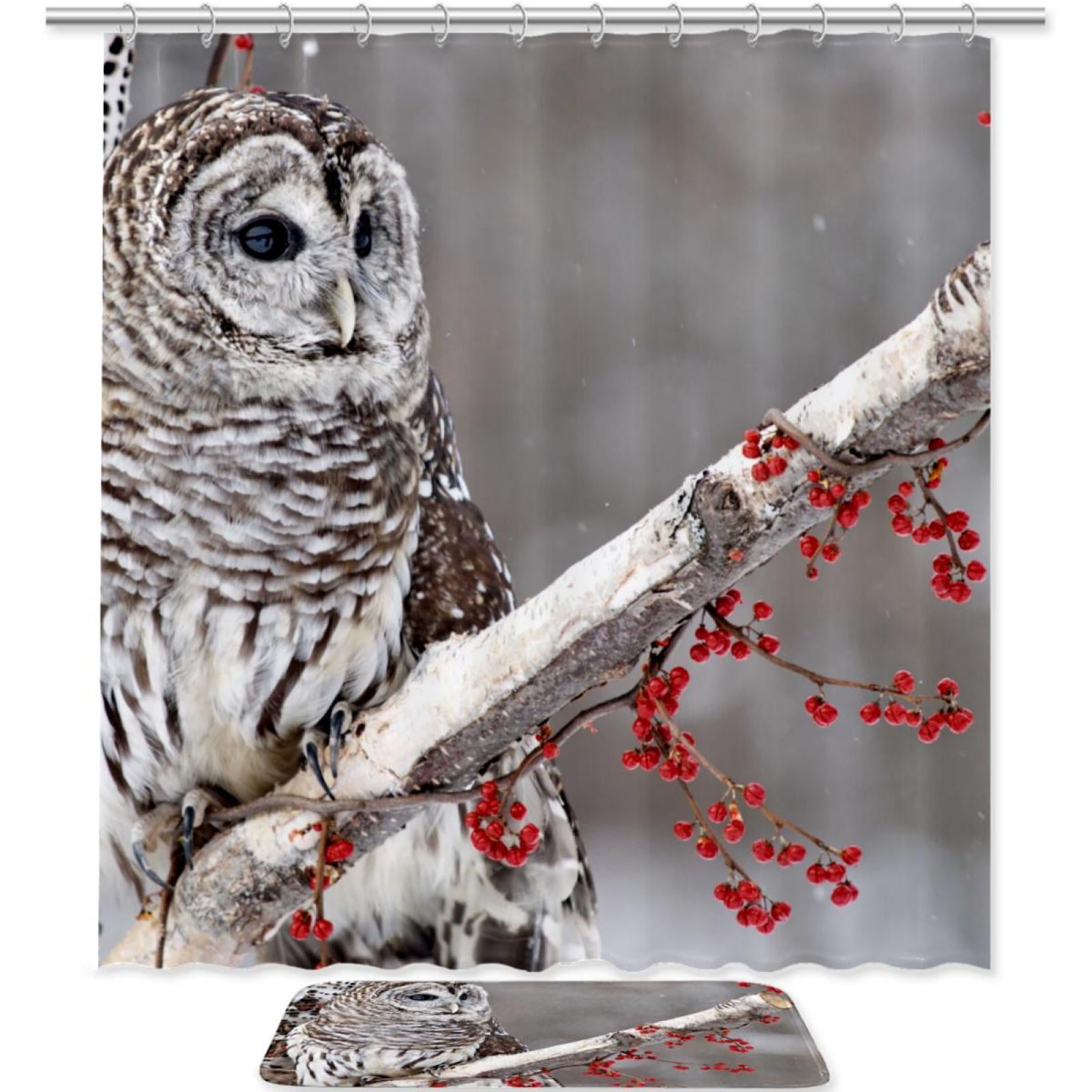 Ownni Owl Pattern Pongee Shower Curtain Set With Polyester Floor Mat