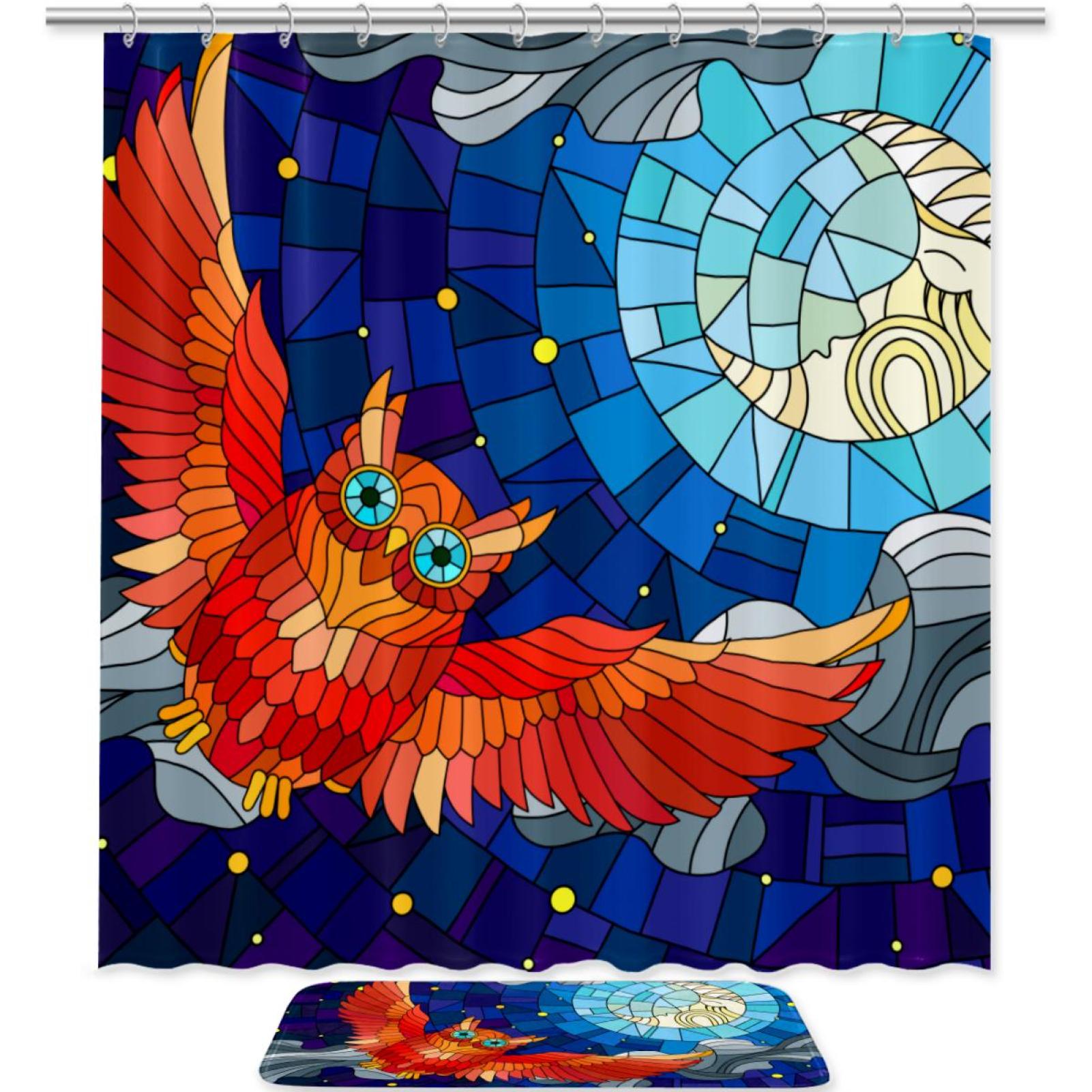 Ownni Owl Stained Glass Pattern Pongee Shower Curtain Set With