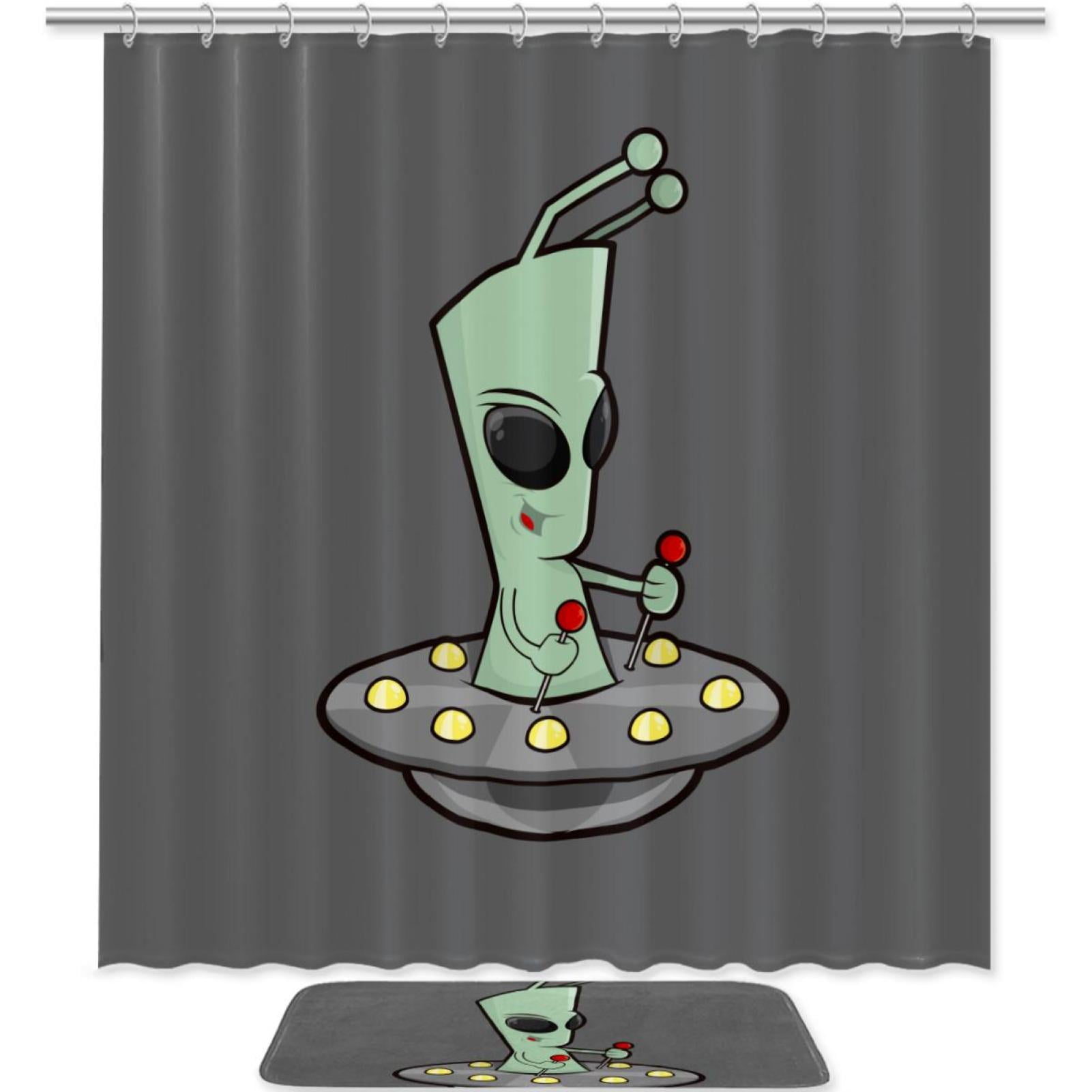 OWNNI Retro Funny Cartoon Alien Pattern Pongee Shower Curtain Set with ...