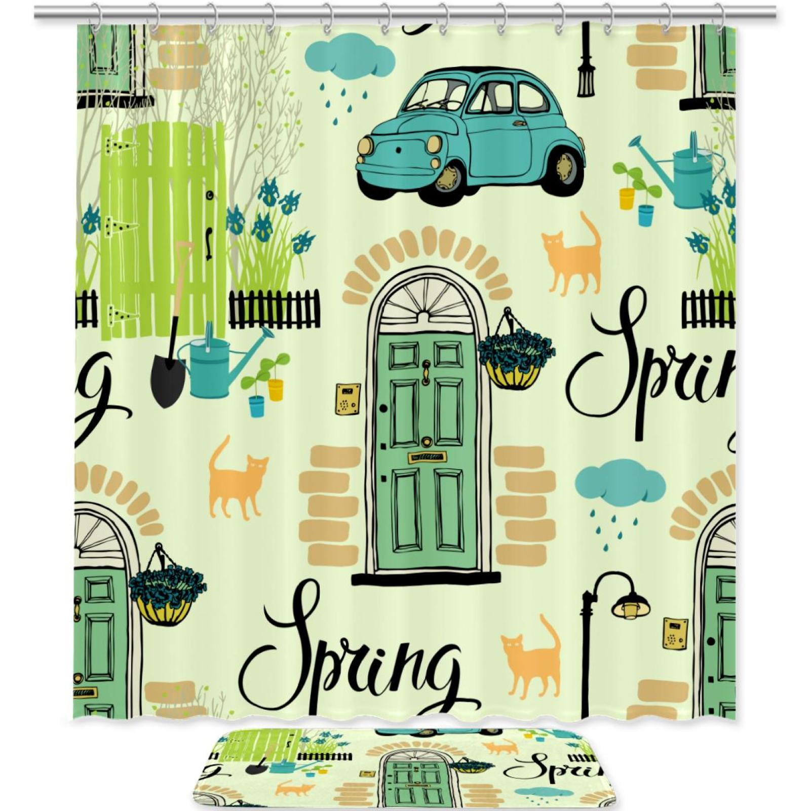 Ownni Spring Pattern Pongee Shower Curtain Set With Polyester Floor Mat