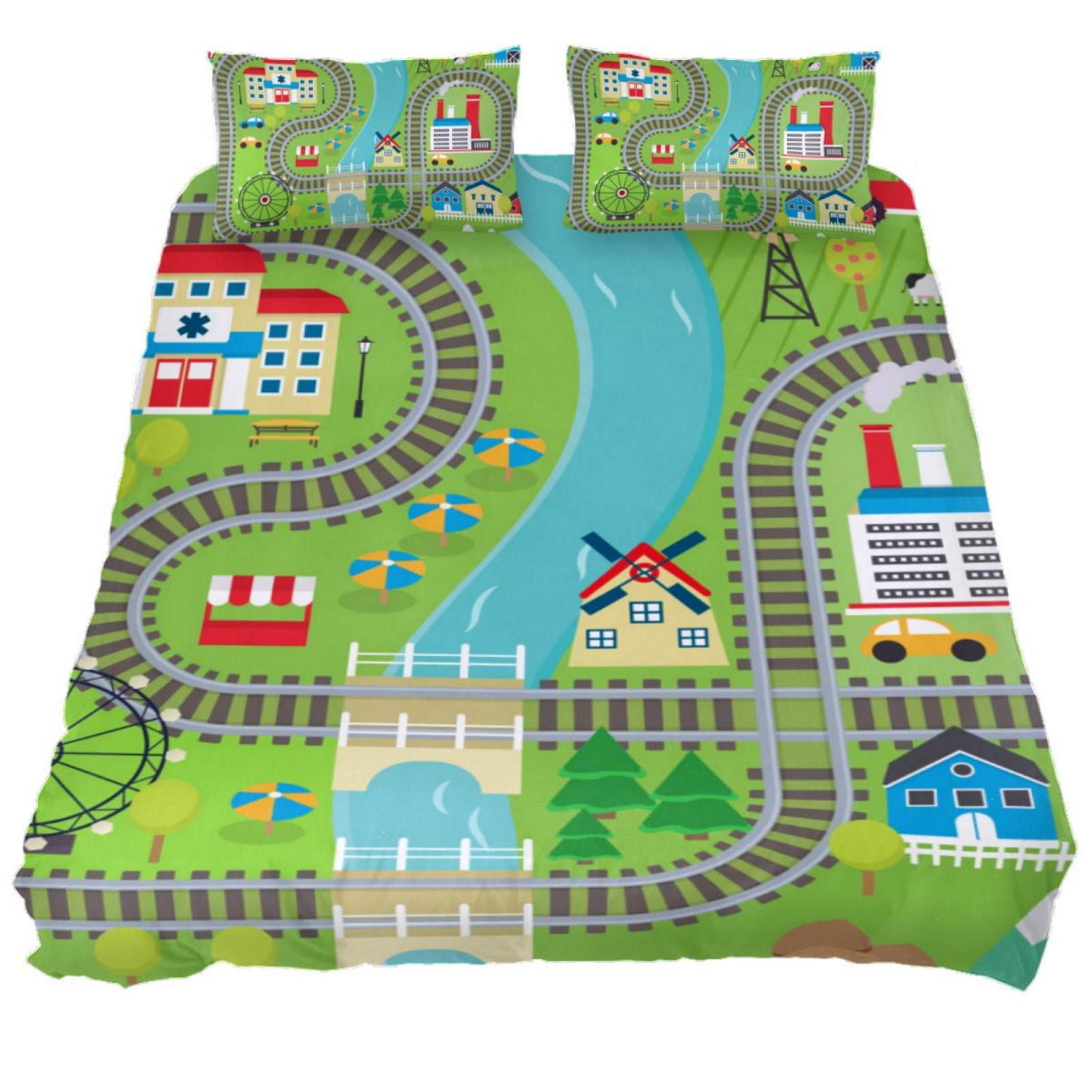 OWNNI Train Rails Pattern Washed Tencel Bedroom 3 Pieces Set ...