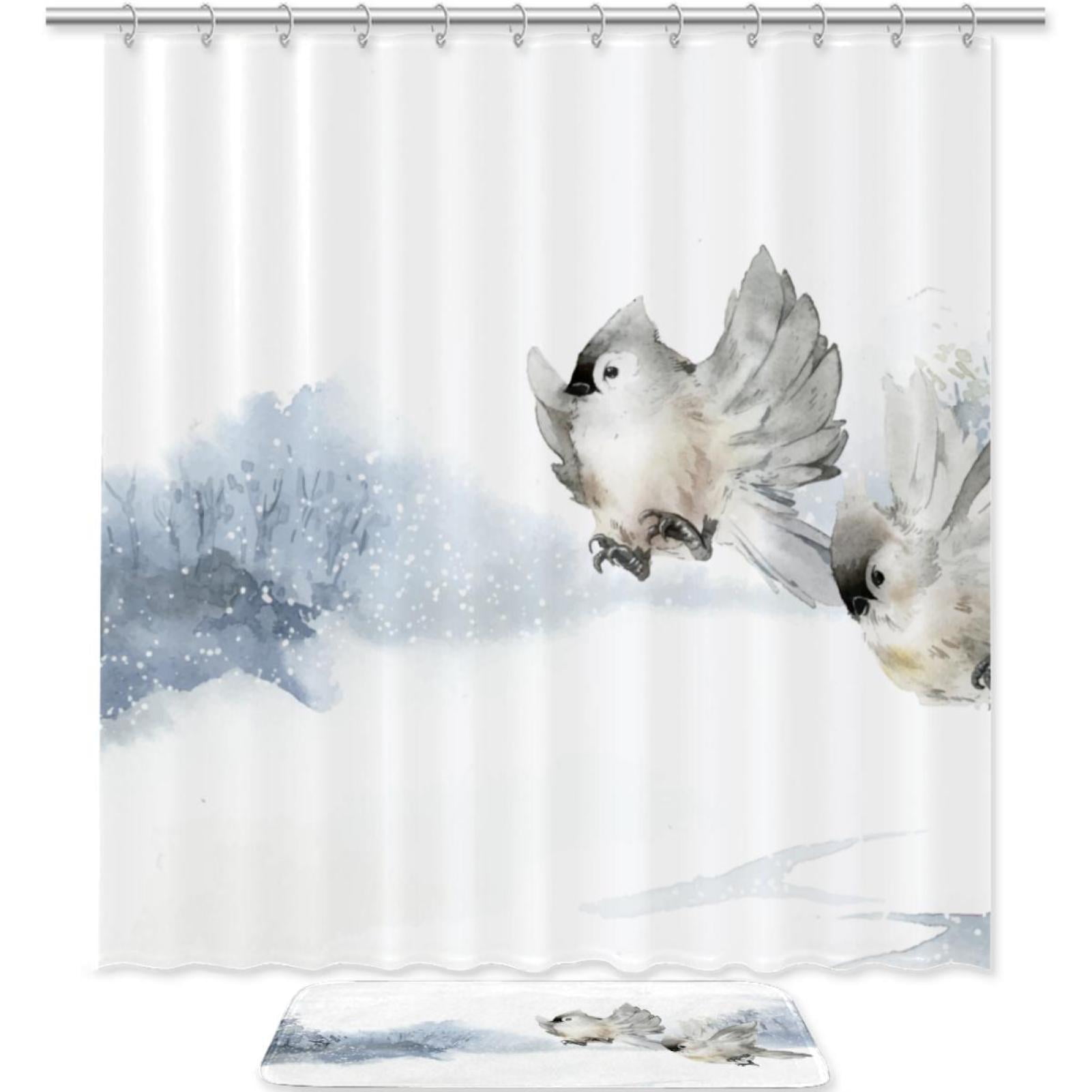 Ownni Watercolor Winter Birds 01 Pattern Pongee Shower Curtain Set With