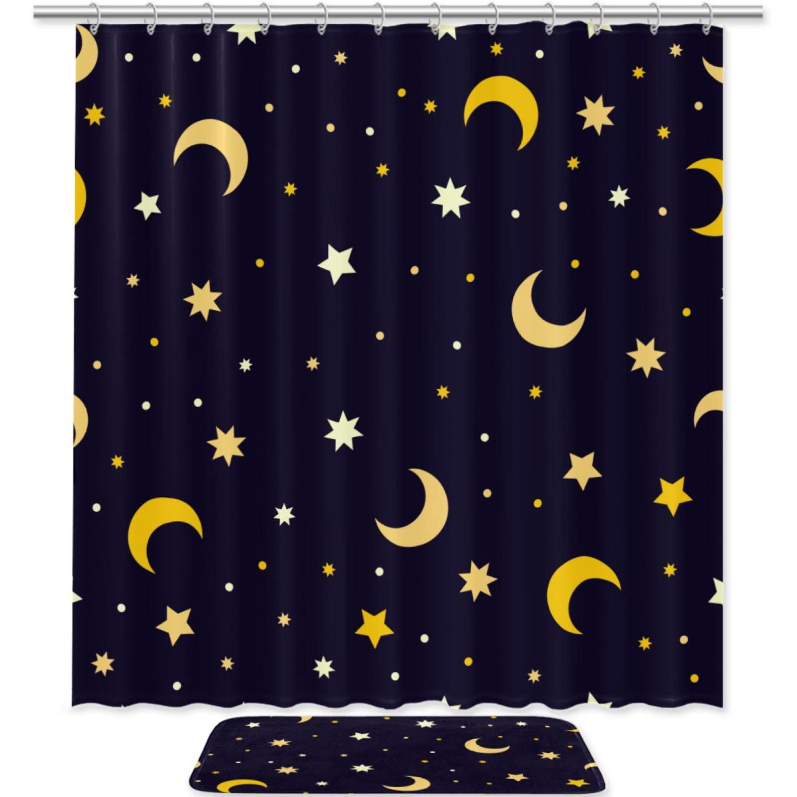 Ownni Yellow Moon Stars Pattern Dark Blue Pattern Pongee Shower Curtain