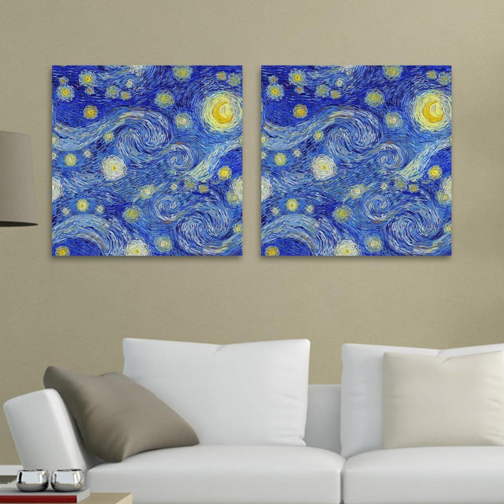 OWNSERIES Abstract Oil Painting Blue Art Starry Sky Moon Sun Pattern 2PC Canvas Wall Art ...