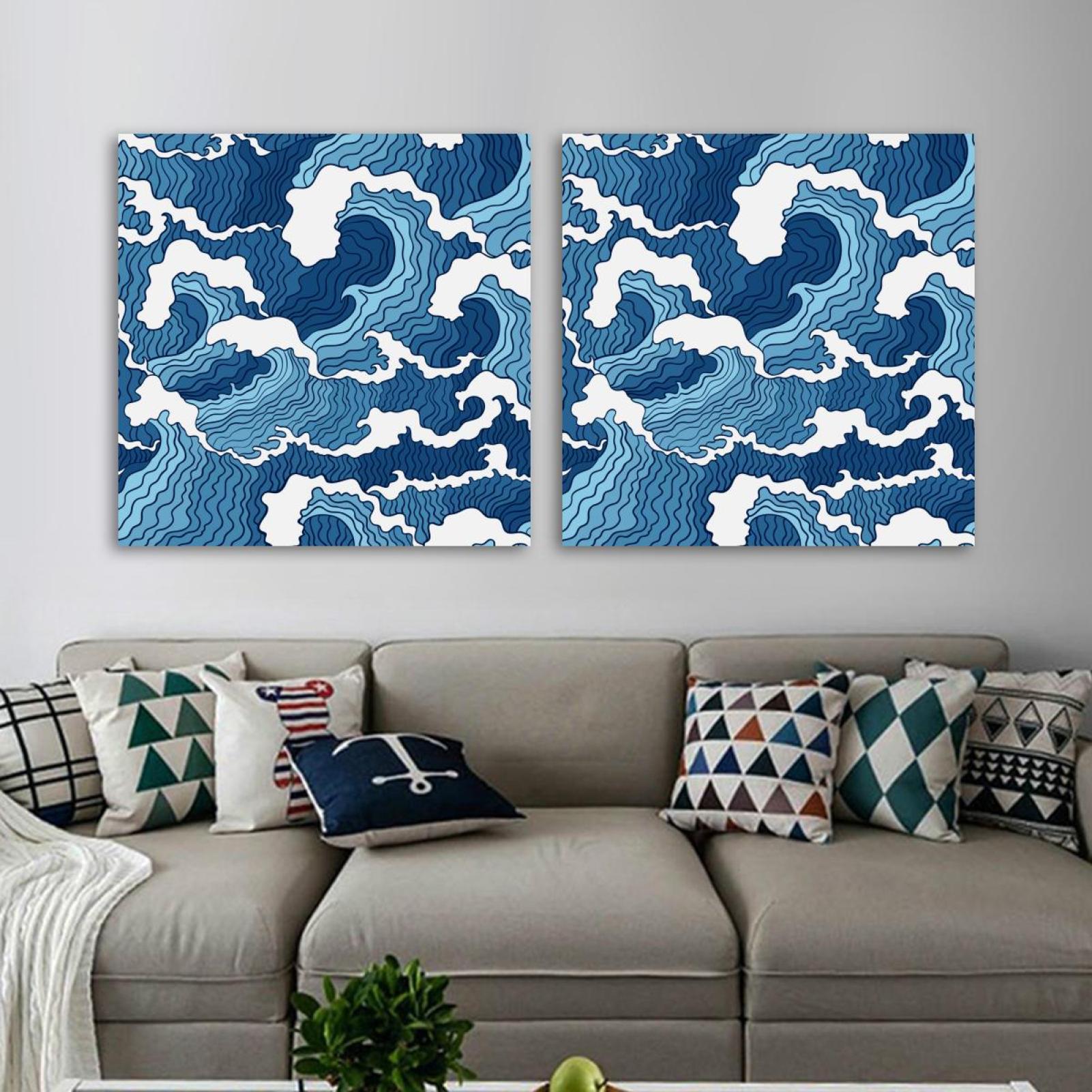 OWNSERIES Abstract Wave Blue Print Pattern 2PC Canvas Wall Art ...