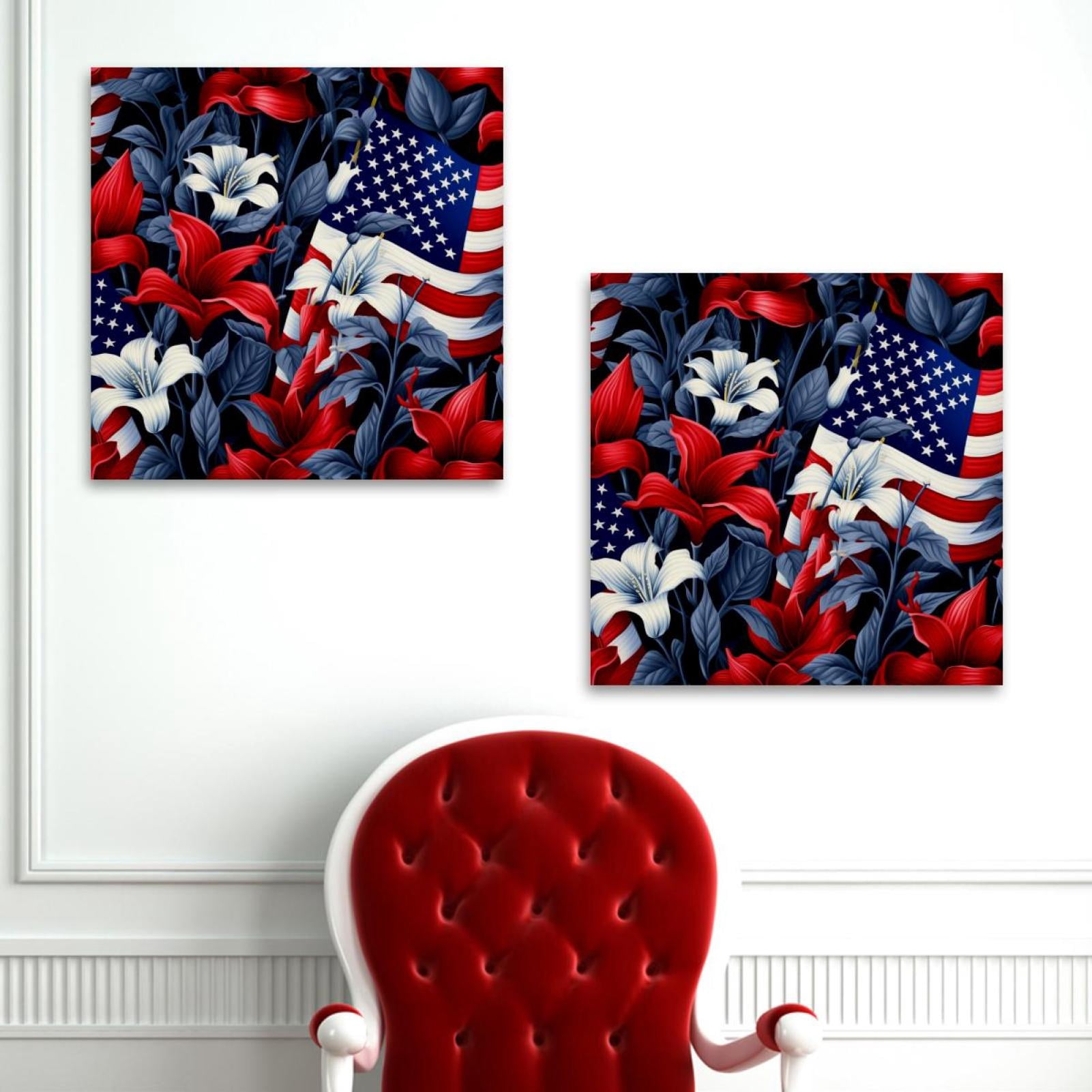 OWNSERIES American Flag and Flowers Pattern 2PC Canvas Wall Art ...