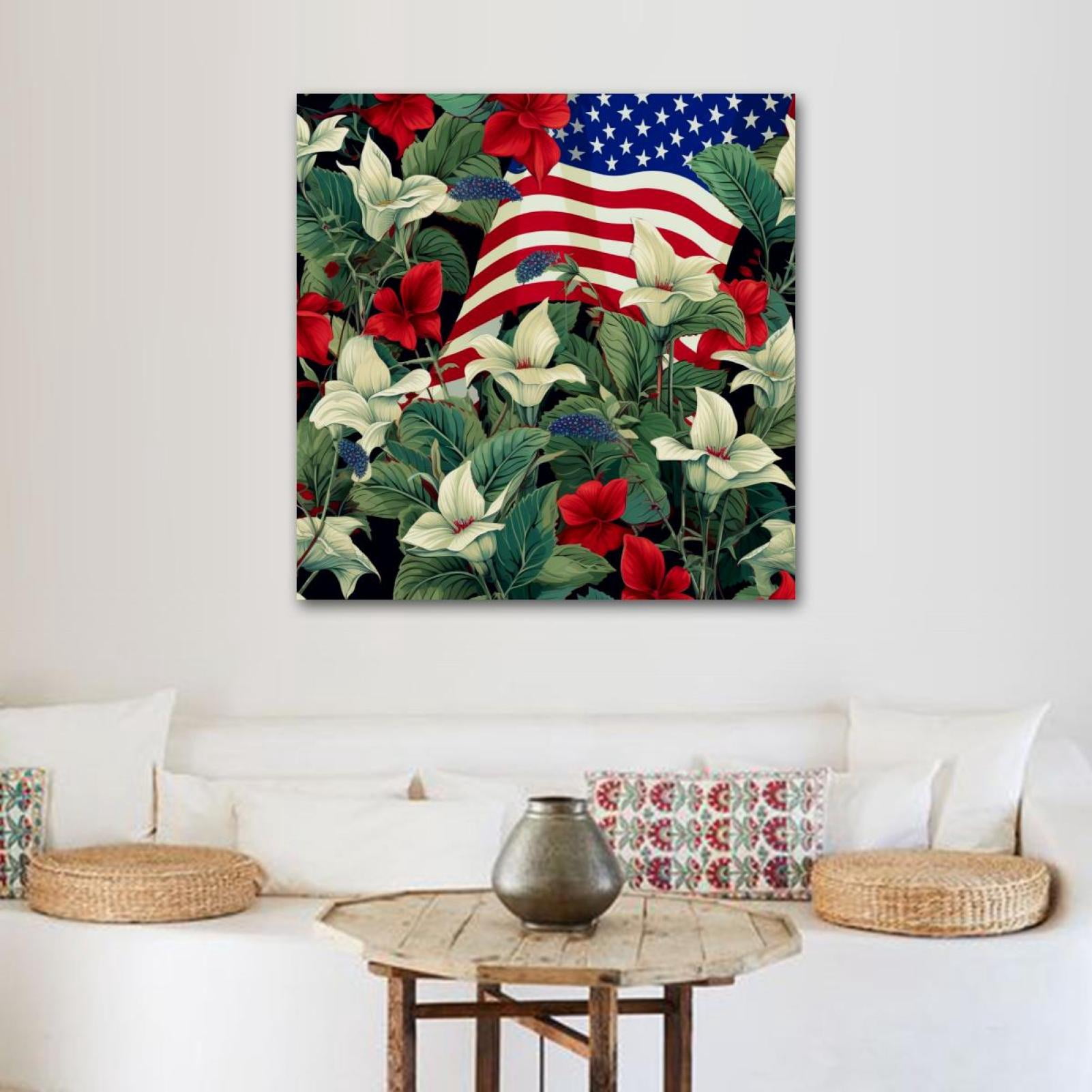 OWNSERIES American Flag and Flowers Pattern Canvas Wall Art Paintings ...