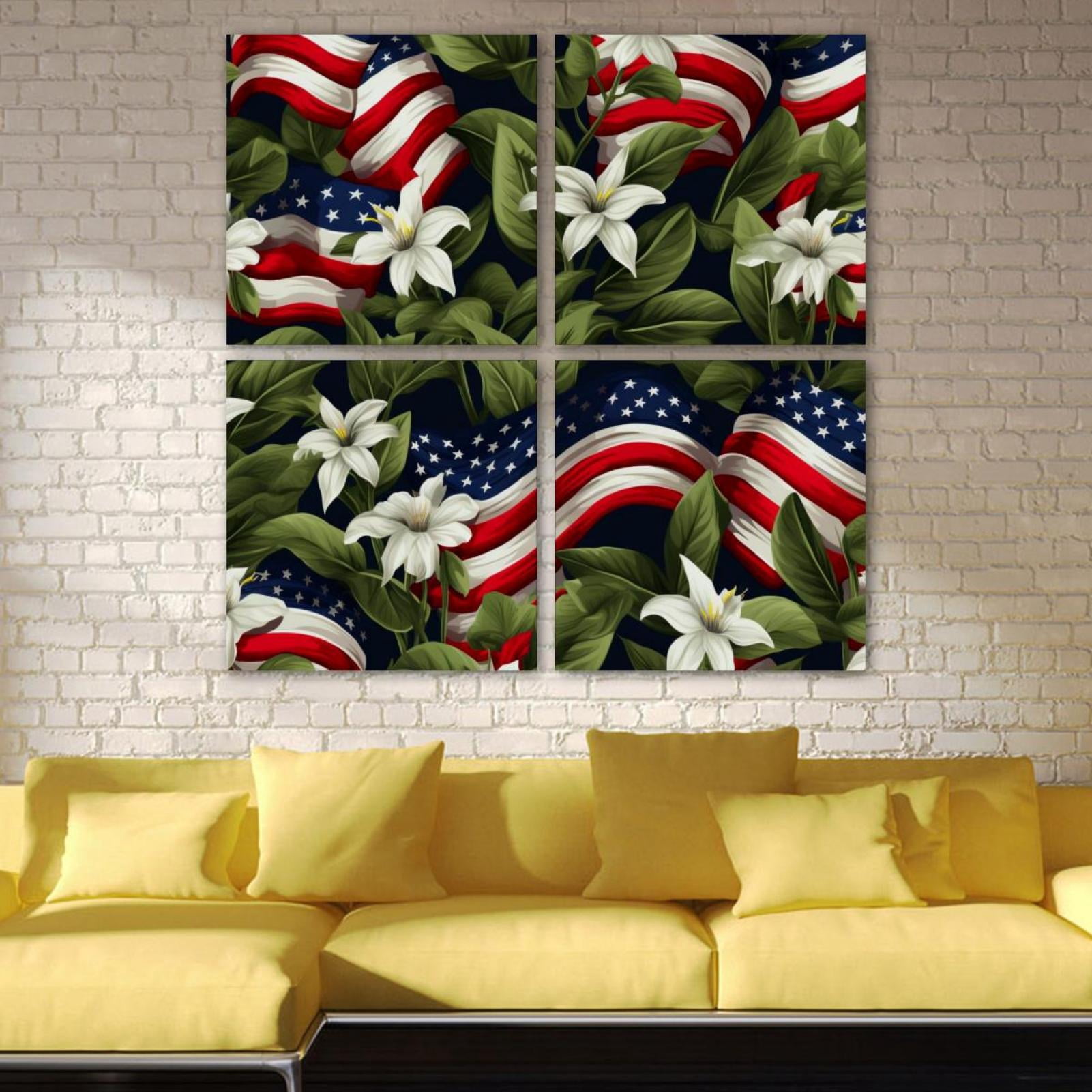 OWNSERIES American Flag and Flowers Pattern 4PC Frameless Canvas Wall ...