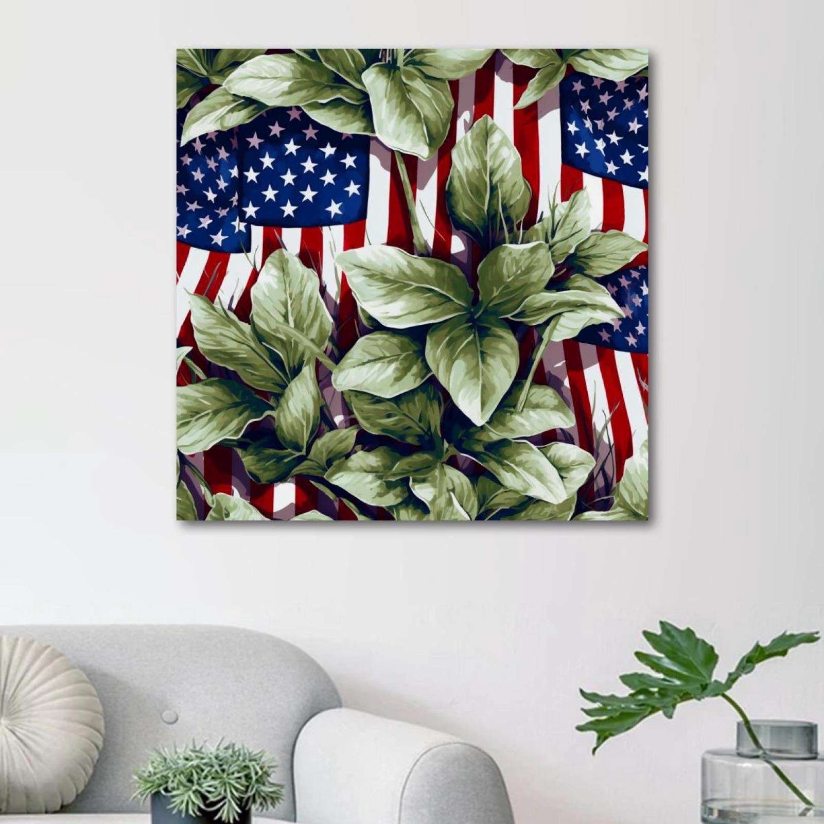OWNSERIES American Flag and Flowers Pattern Canvas Wall Art Paintings ...
