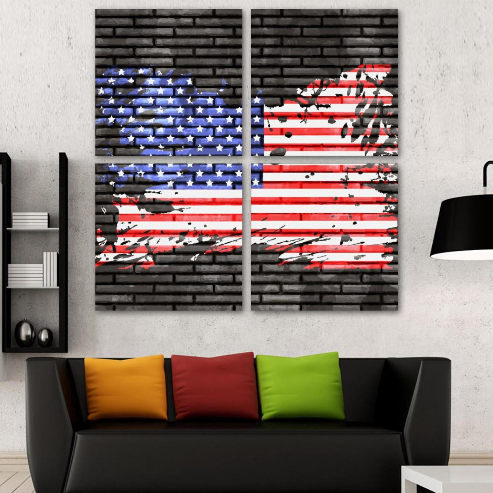 OWNSERIES American Flag on Brick Wall Pattern 4PC Frameless Canvas Wall ...