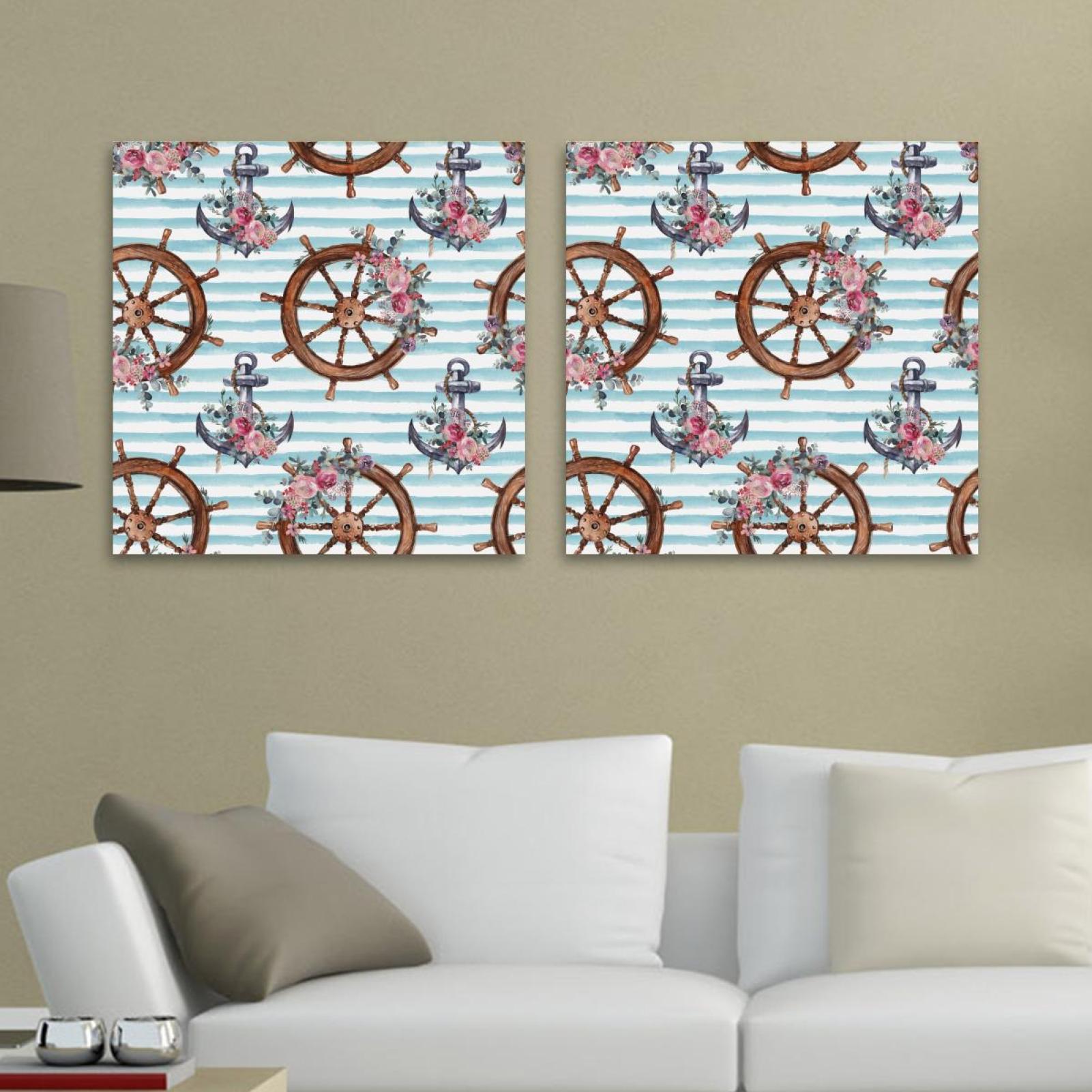 OWNSERIES Anchor Compass with Florals Pattern 2PC Canvas Wall Art ...