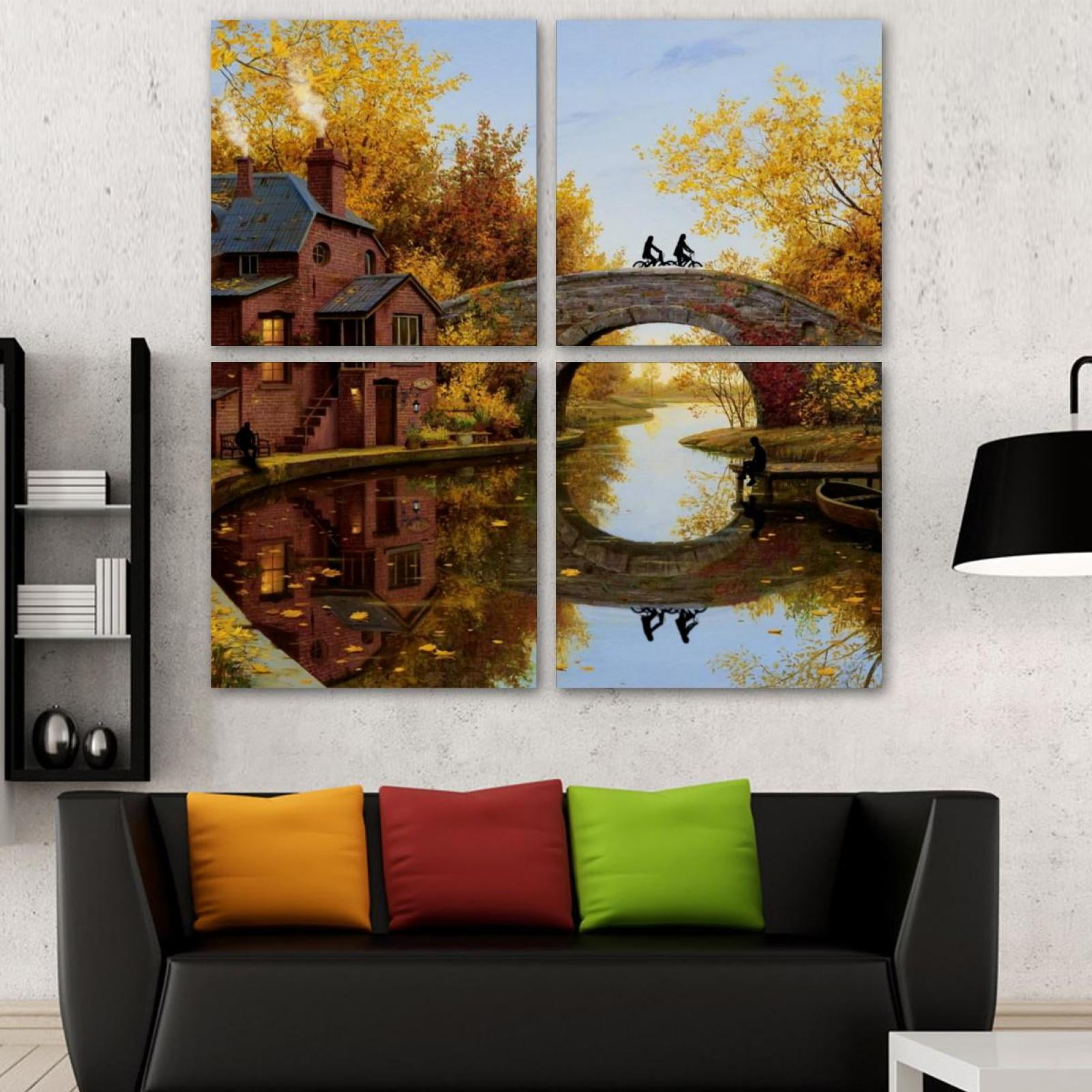 OWNSERIES Autumn Field Bridge Landscape River Pattern 4PC Frameless ...