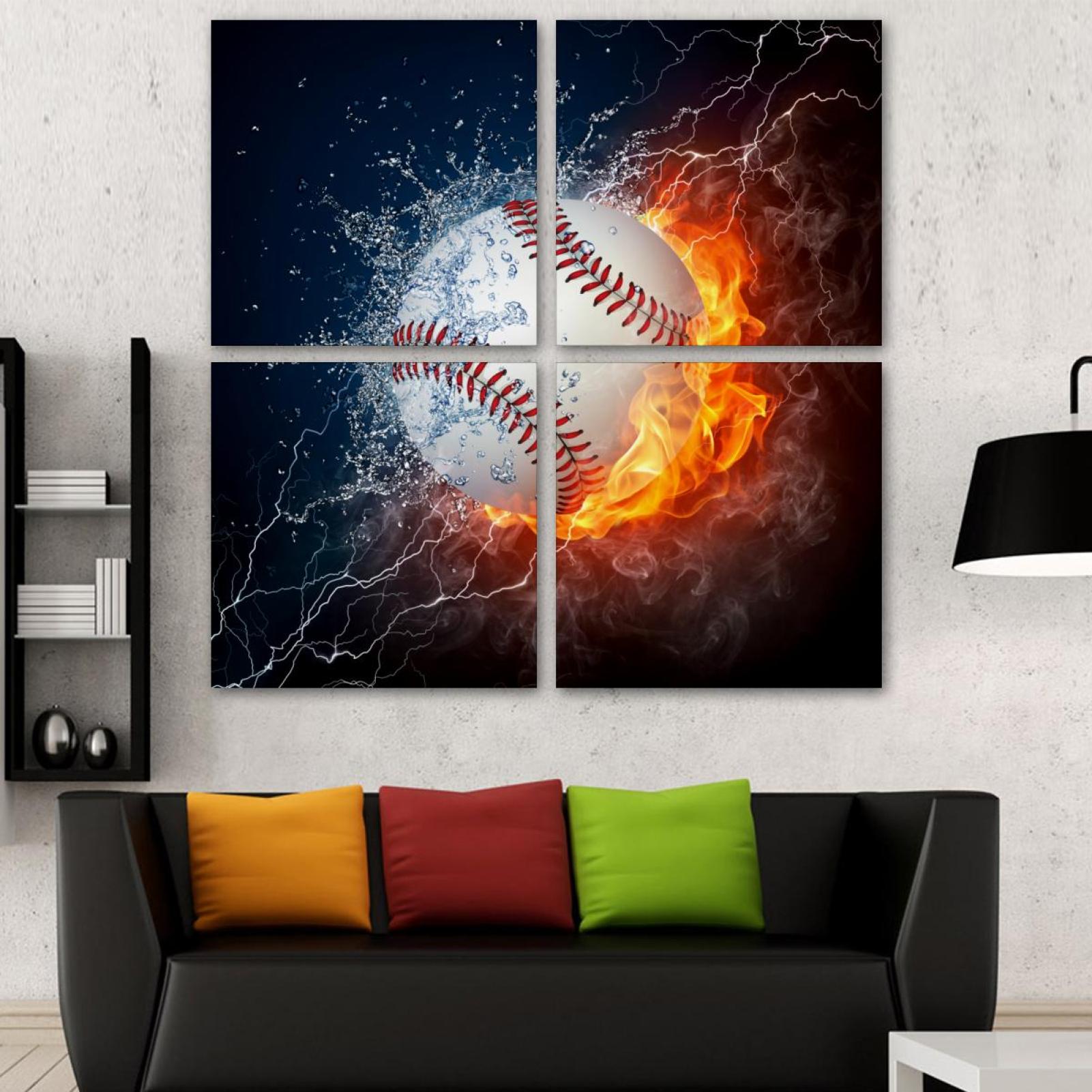 OWNSERIES Baseball Fire Water Pattern 4PC Frameless Canvas Wall Art ...