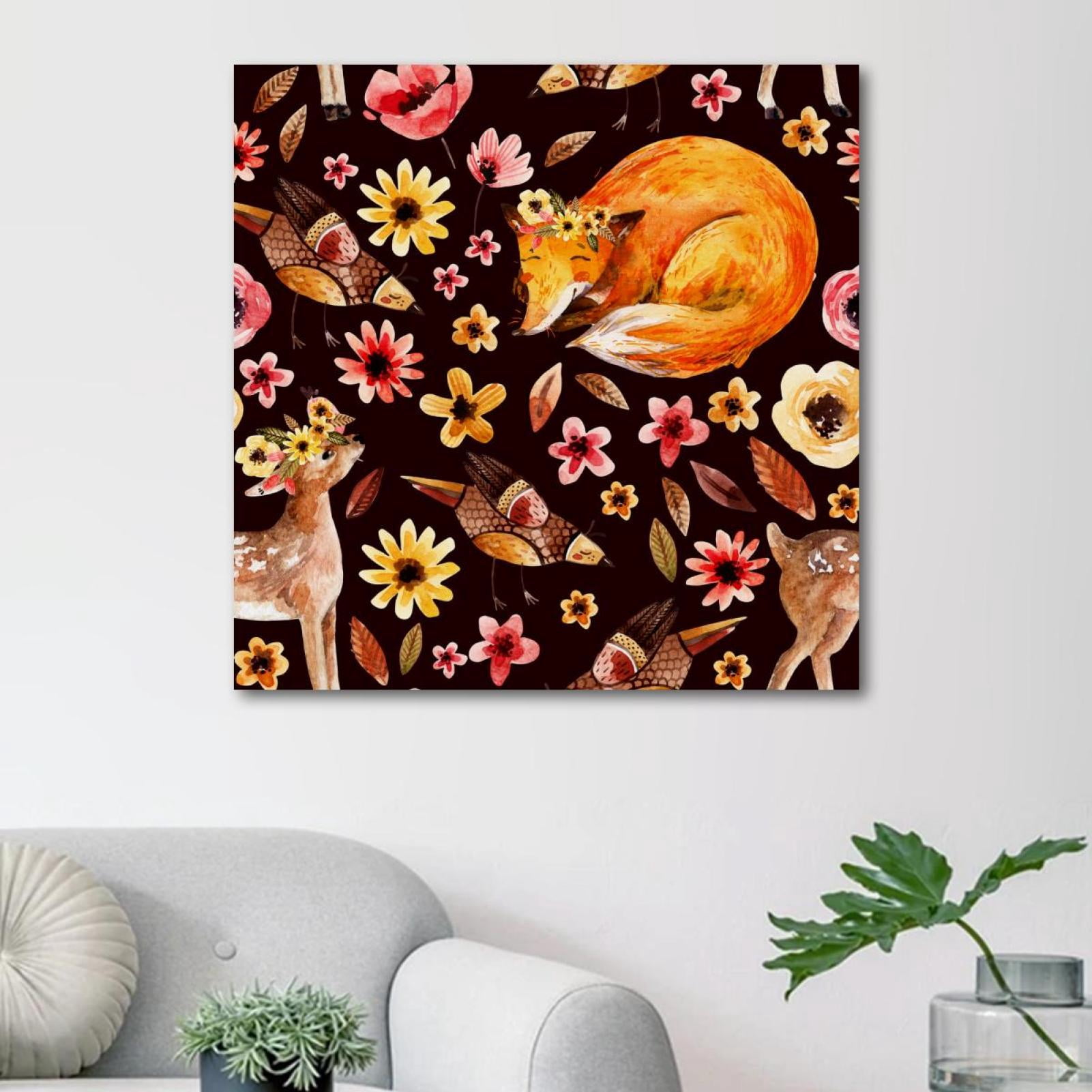 OWNSERIES Beautiful Fox Deer Birds with Flower Pattern Canvas Wall Art ...
